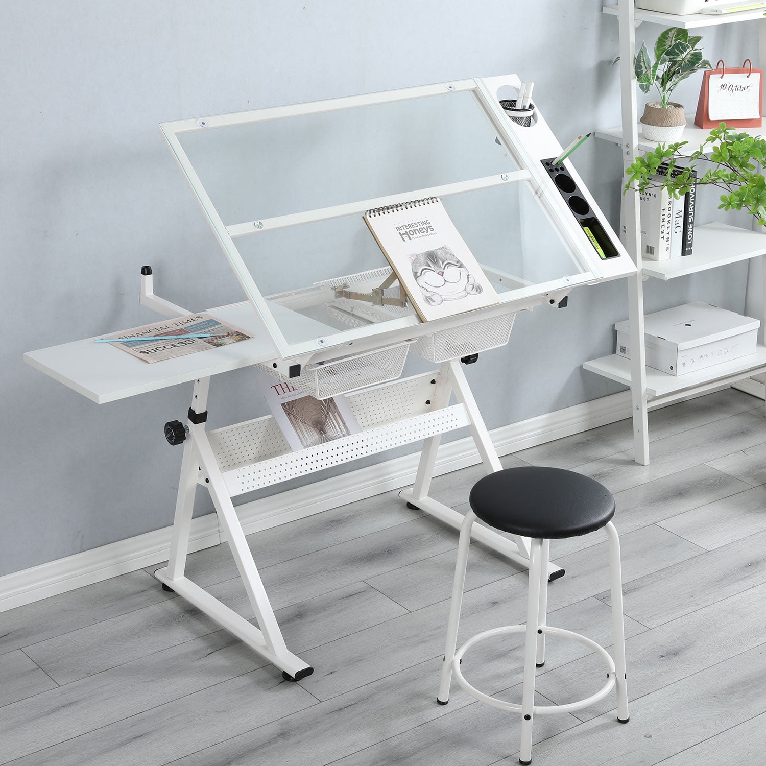 Royard Oaktree Glass Adjustable and Extended Drafting Table, White ...