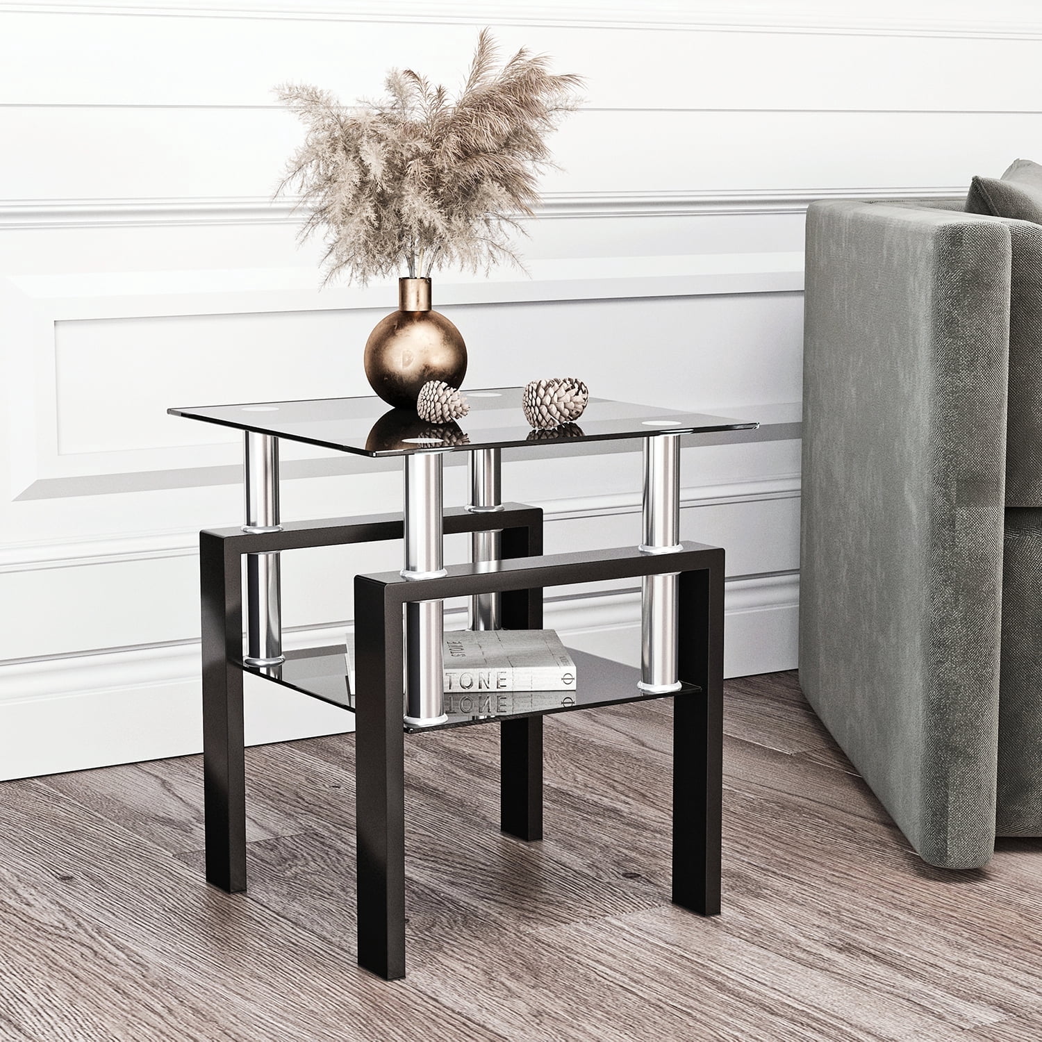 Royard Oaktree Square End Table, Modern Tempered Glass Side Table with ...