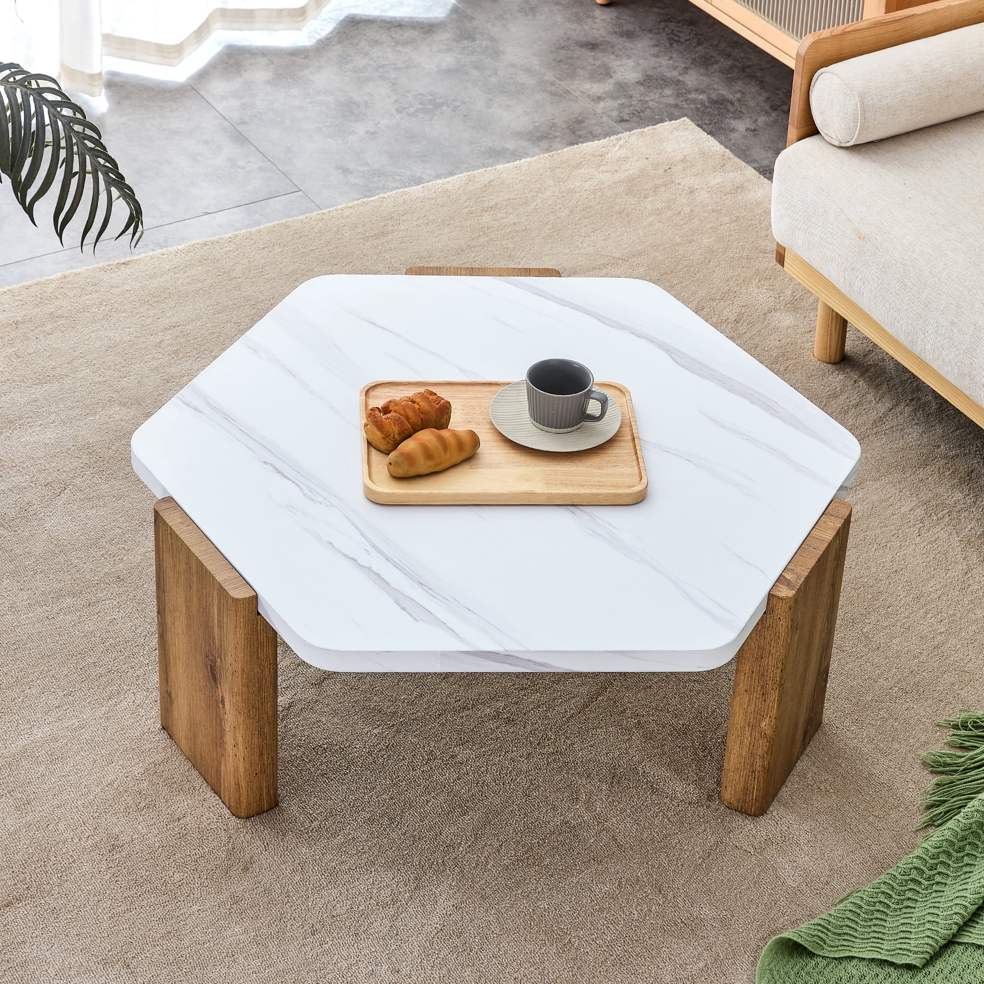 Royard Oaktree Modern Coffee Table, Hexagonal Center Table with Marble Pattern Tabletop and Wood ...