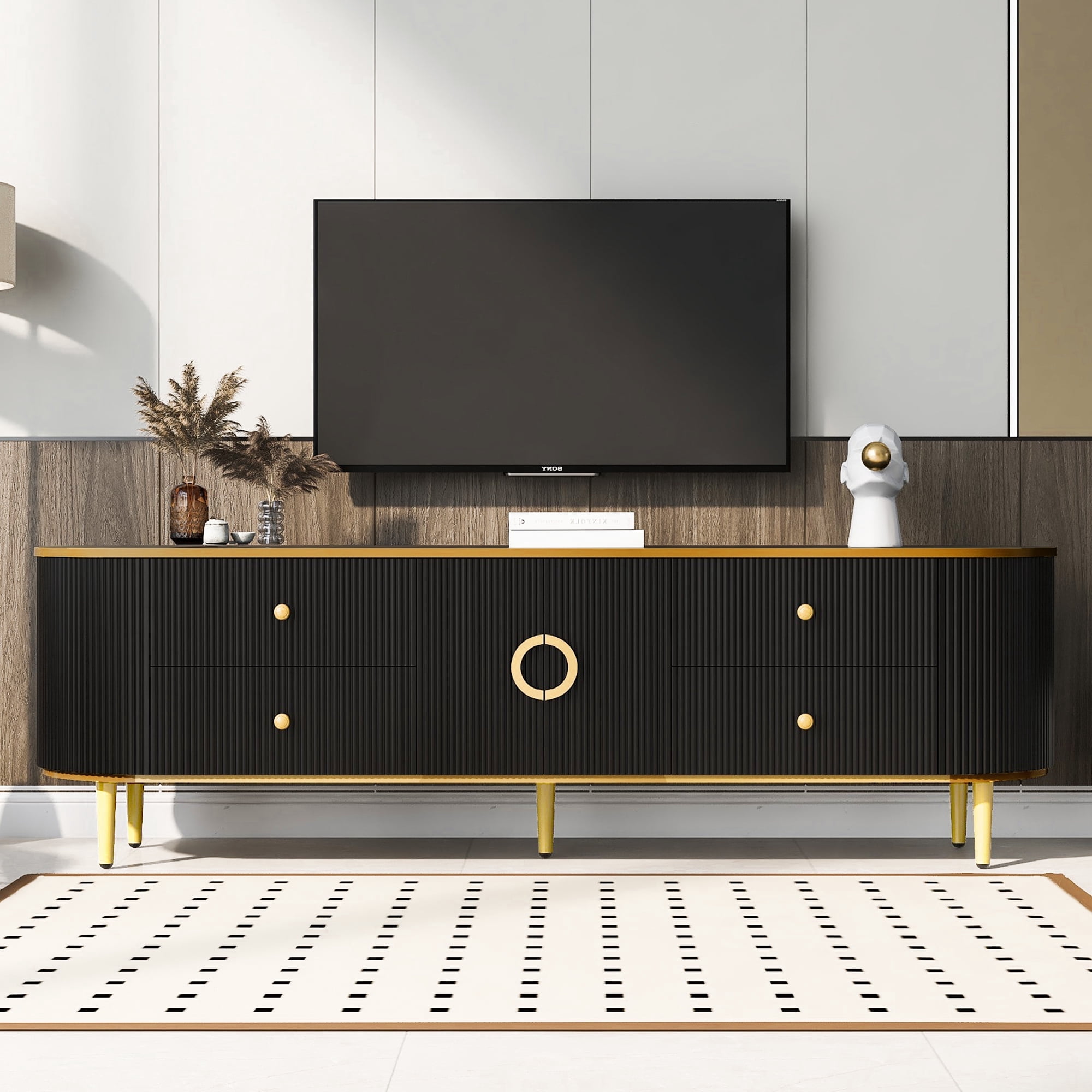 Royard Oaktree Fluted TV Stand for 75" TVs w/Drawers & Cabinet, Curved ...