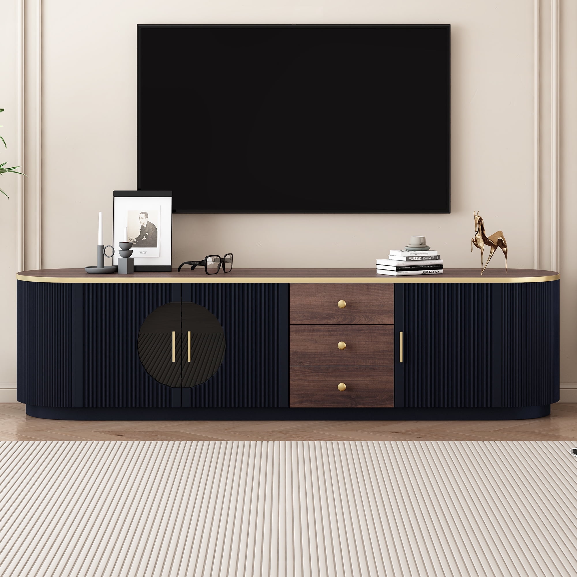 Royard Oaktree Fluted TV Stand for 75" TVs w/Drawers & Cabinets, Curved ...
