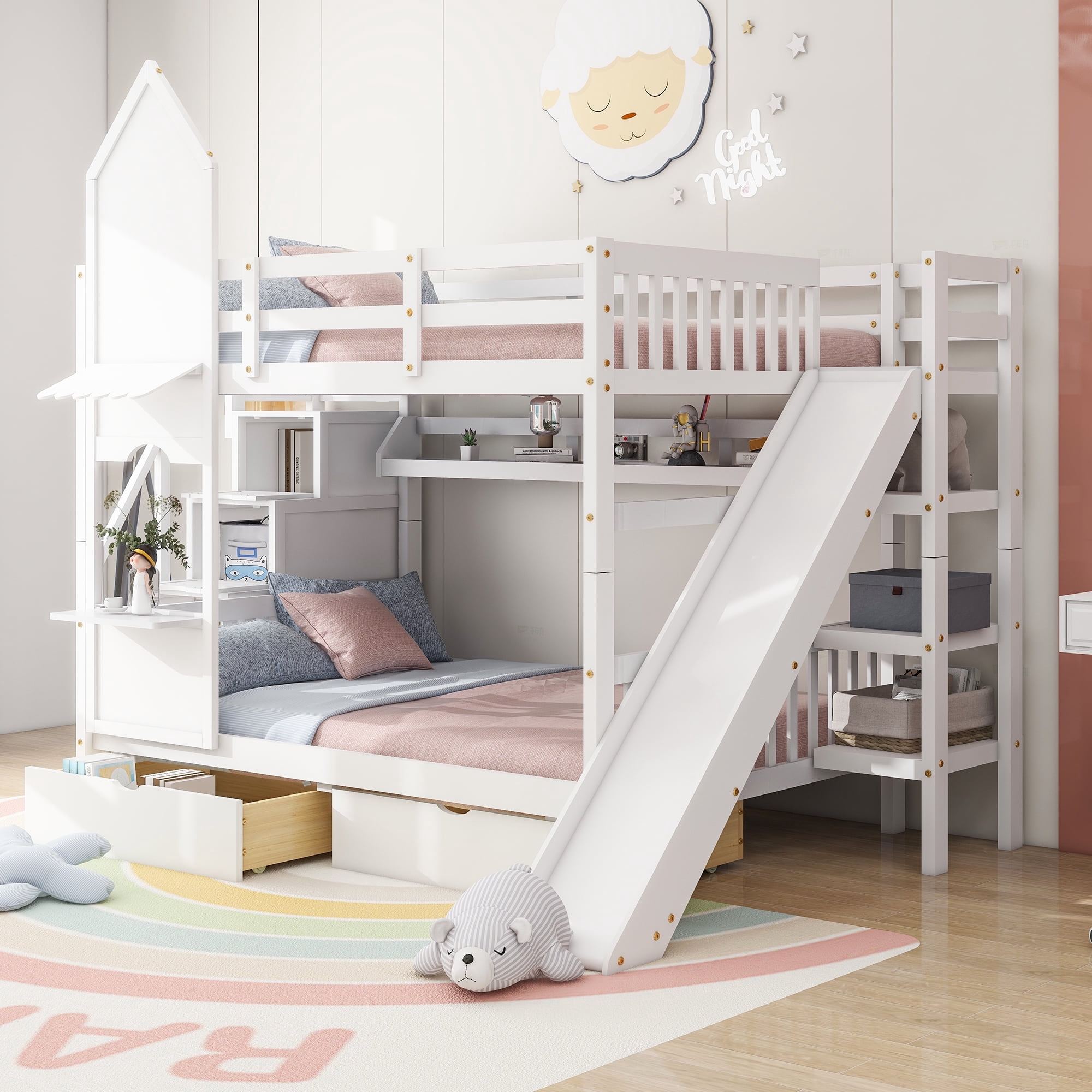 Royard Oaktree Full-Over-Full Castle Style Bunk Bed with Drawers ...