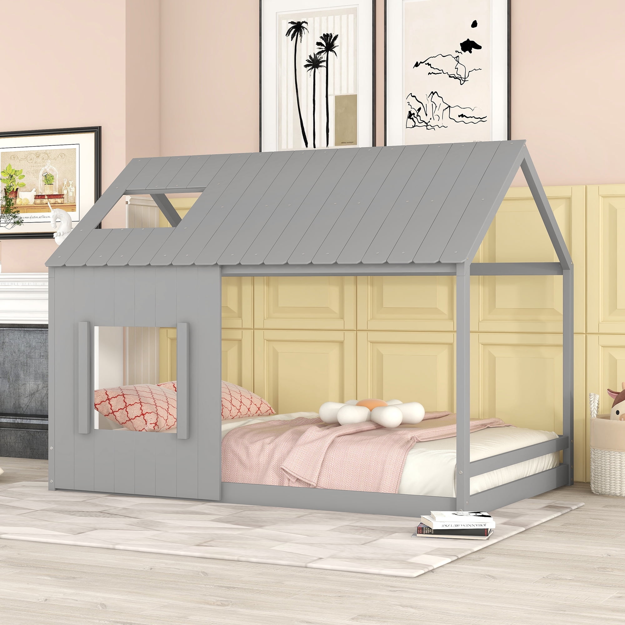 Royard Oaktree Full Size House Bed with Roof and Window Wood Floor Bed ...