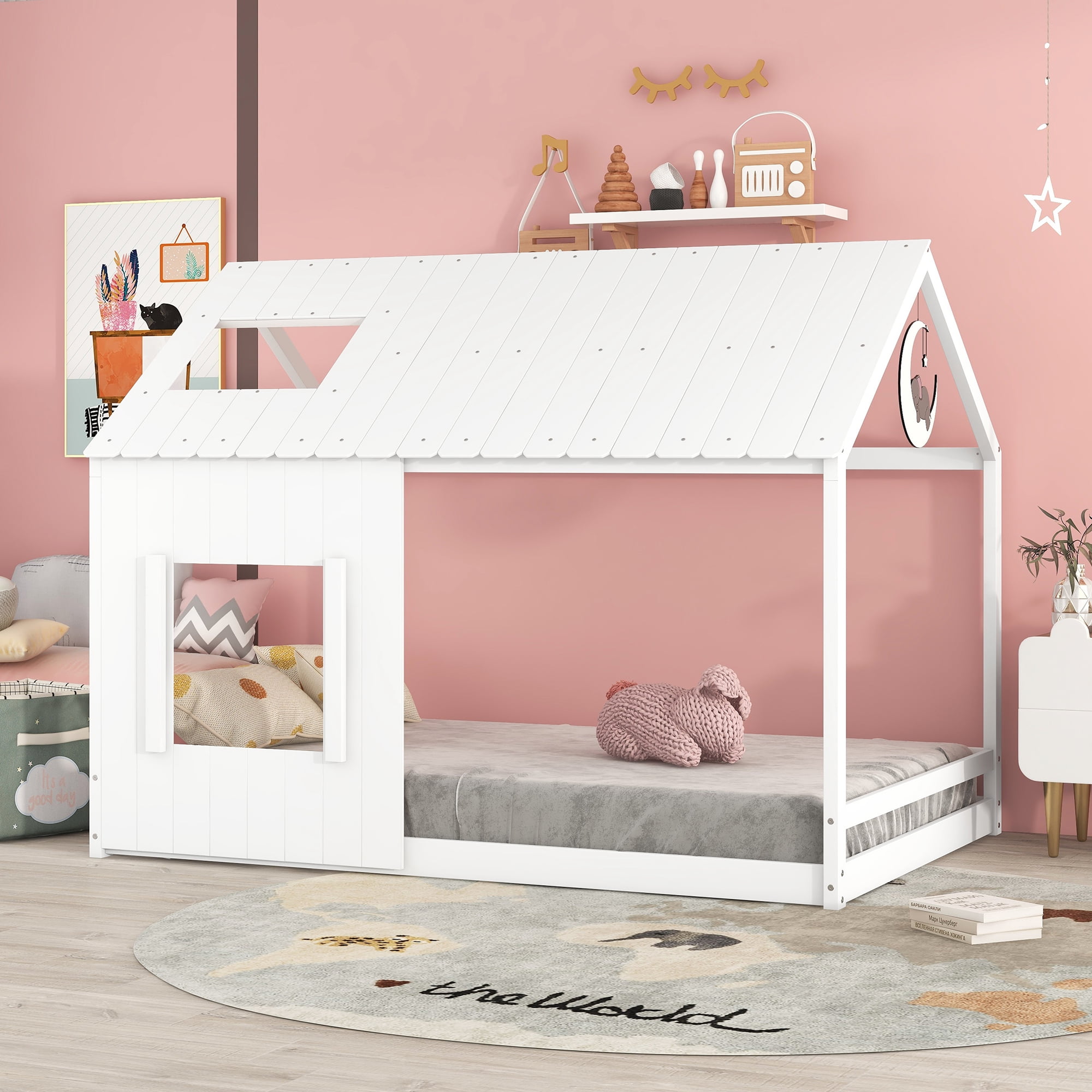 Royard Oaktree Full Size House Bed with Roof and Window Wood Floor Bed ...