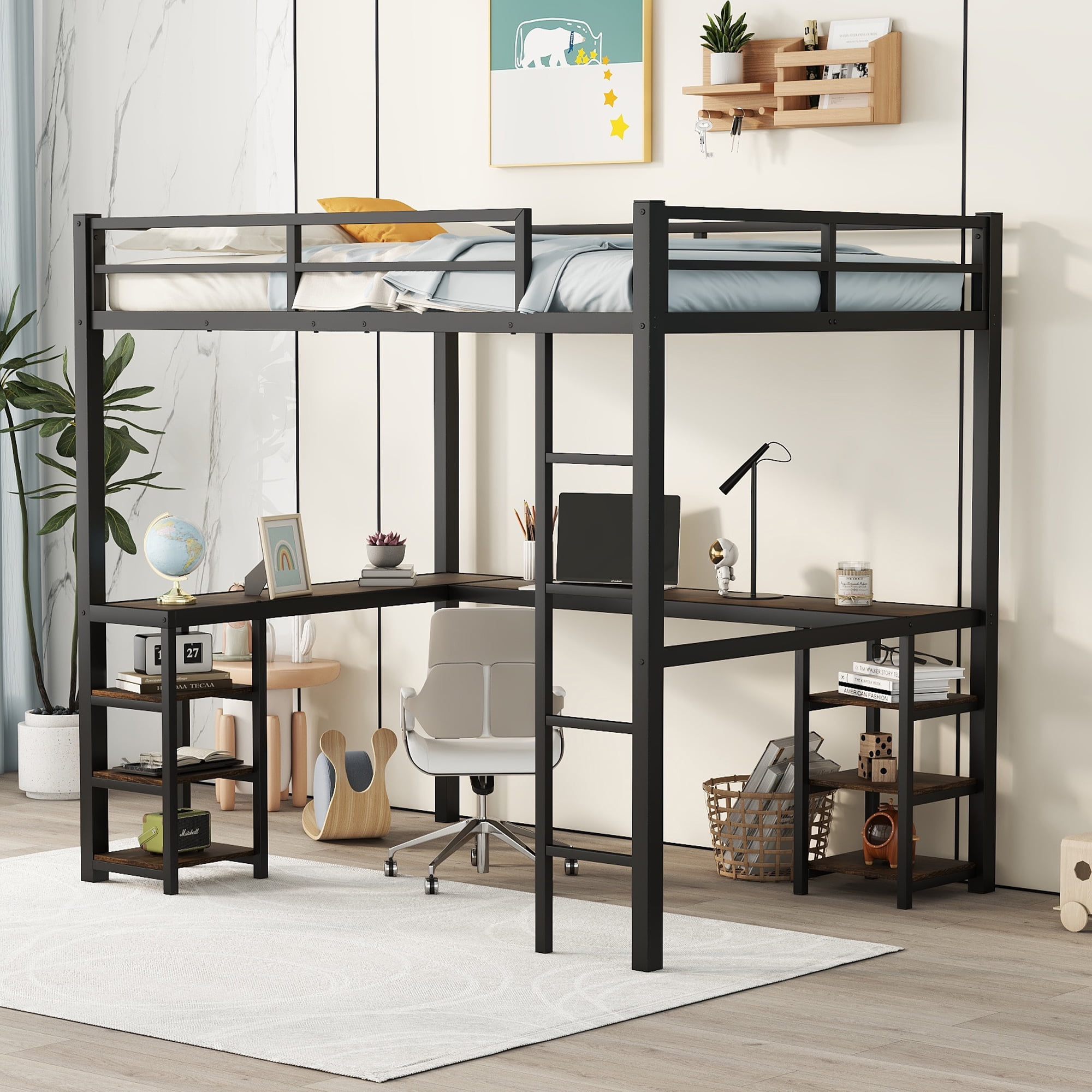 Royard Oaktree Full Size Loft Bed with L Shaped Desk and Storage ...