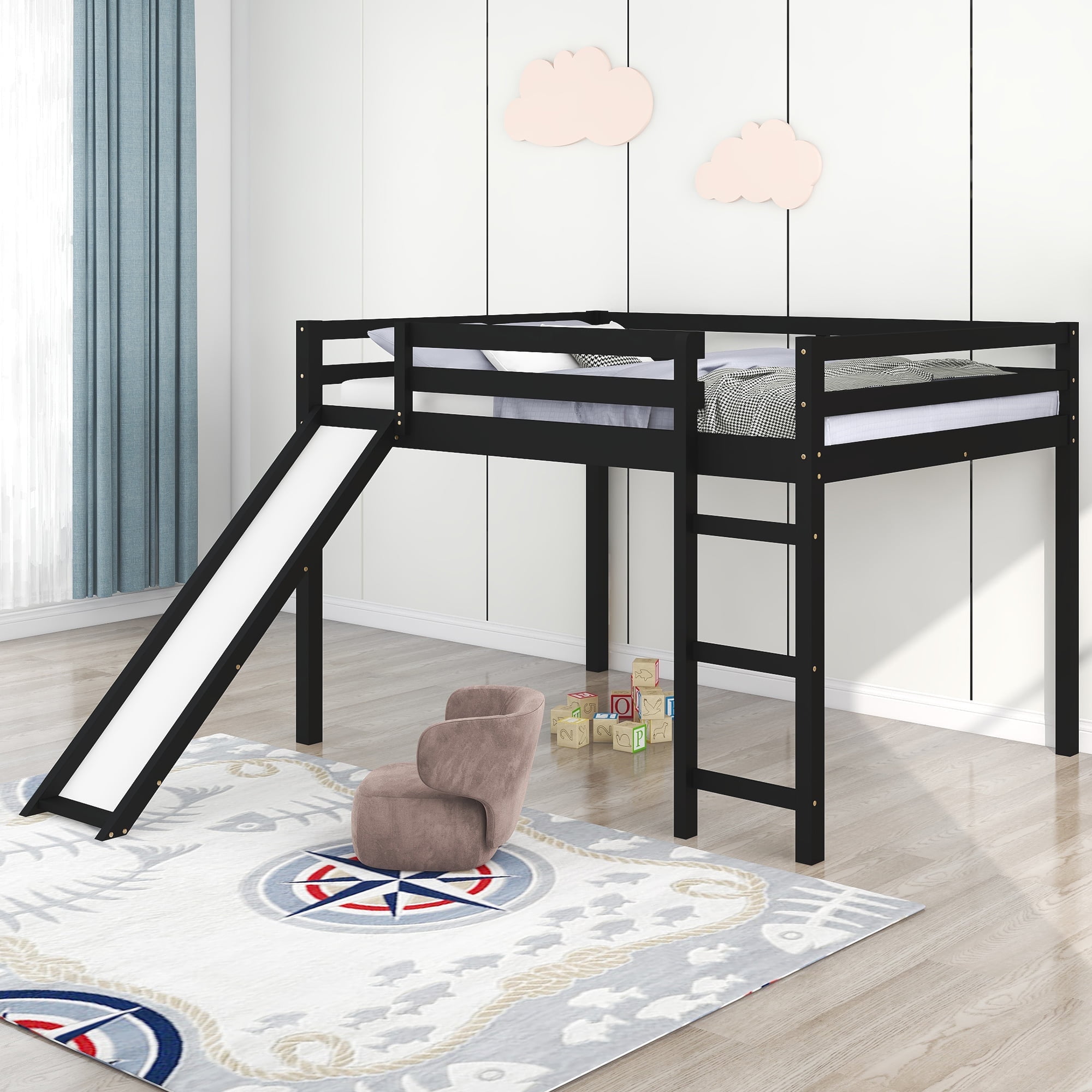 Royard Oaktree Full Size Wood Loft Bed with Slide and Ladder ...