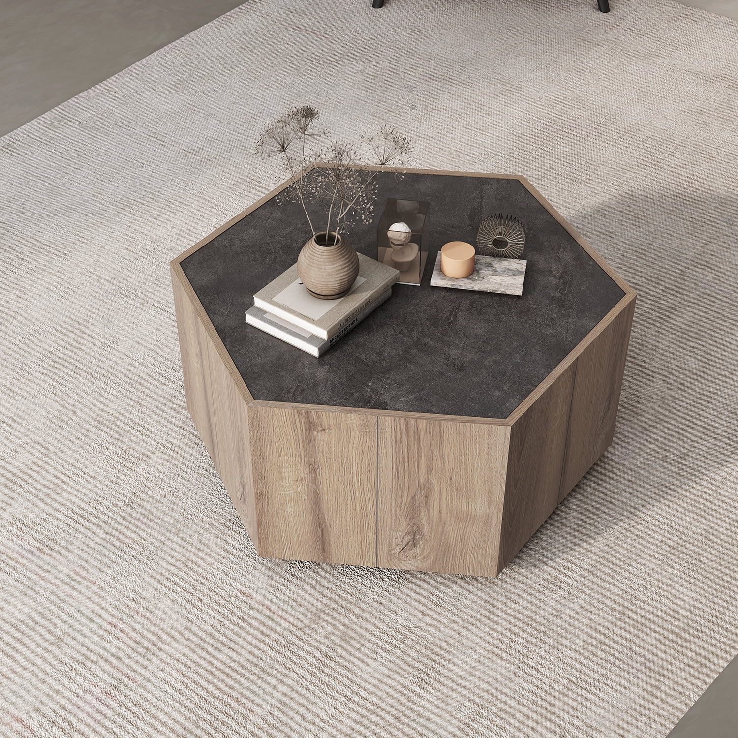 Royard Oaktree Hexagonal Coffee Table with Drawers, Industrial Center ...