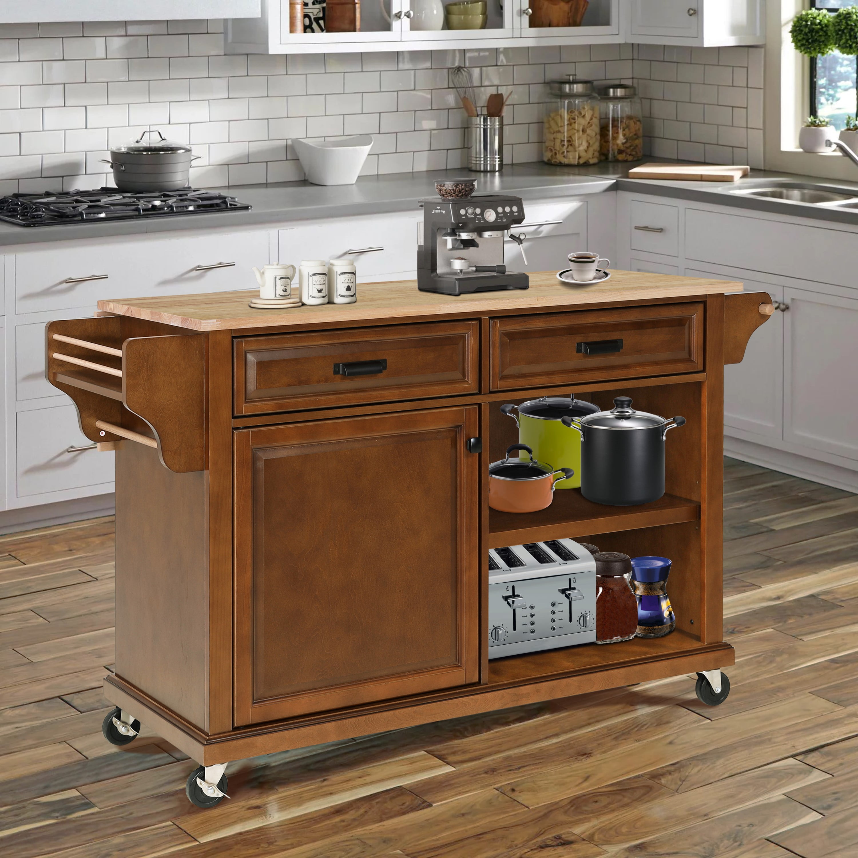 Royard Oaktree Kitchen Island with Drop-Leaf Countertop, Mobile Kitchen ...