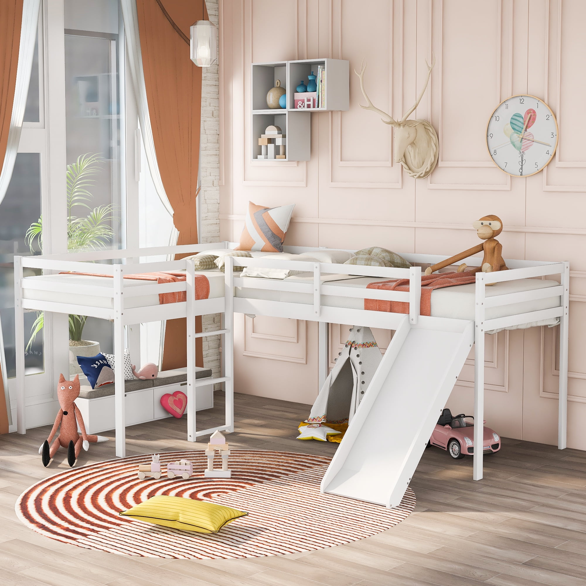 Royard Oaktree L-Shaped Twin Size Loft Bed with Ladder and Slide Wood ...