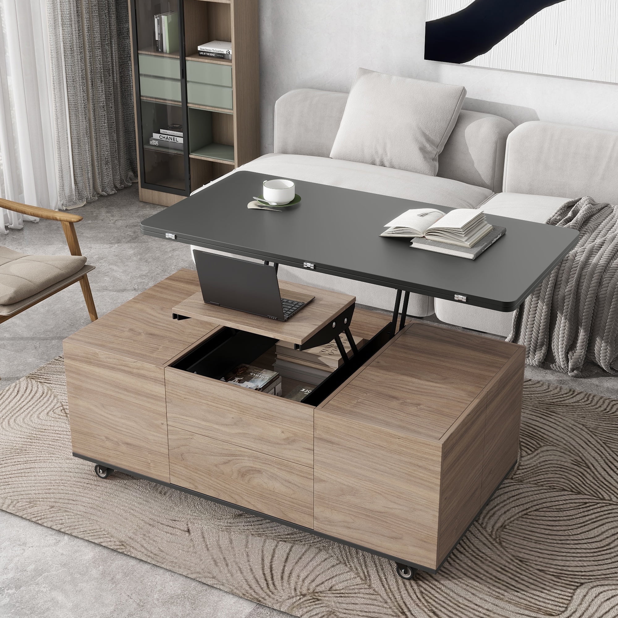 Royard Oaktree Lift Top Coffee Table, 3-in-1 Wood Center Table w/Extendable Top, Drawers, Wheels ...