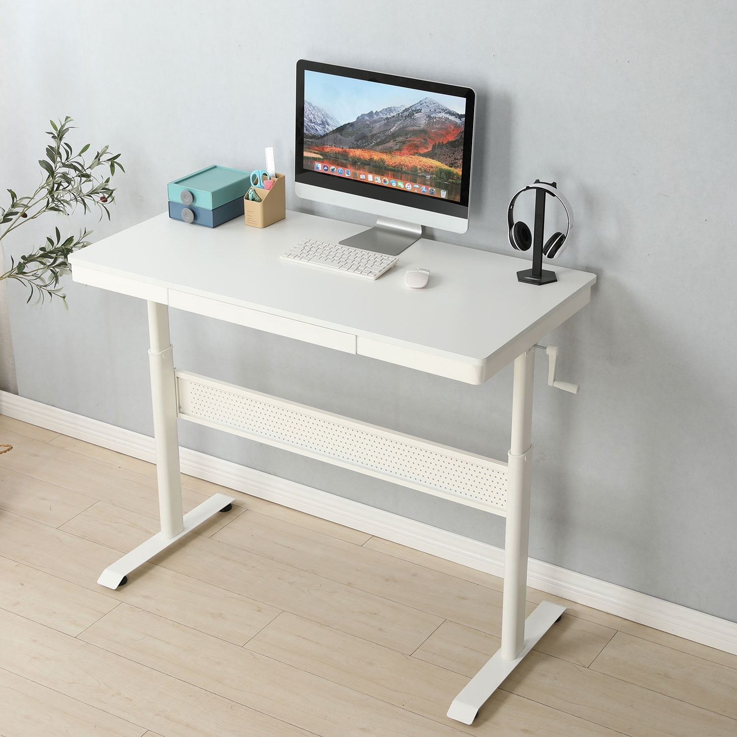 Royard Oaktree Manual Standing Desk with White Wood Desktop and Pull ...