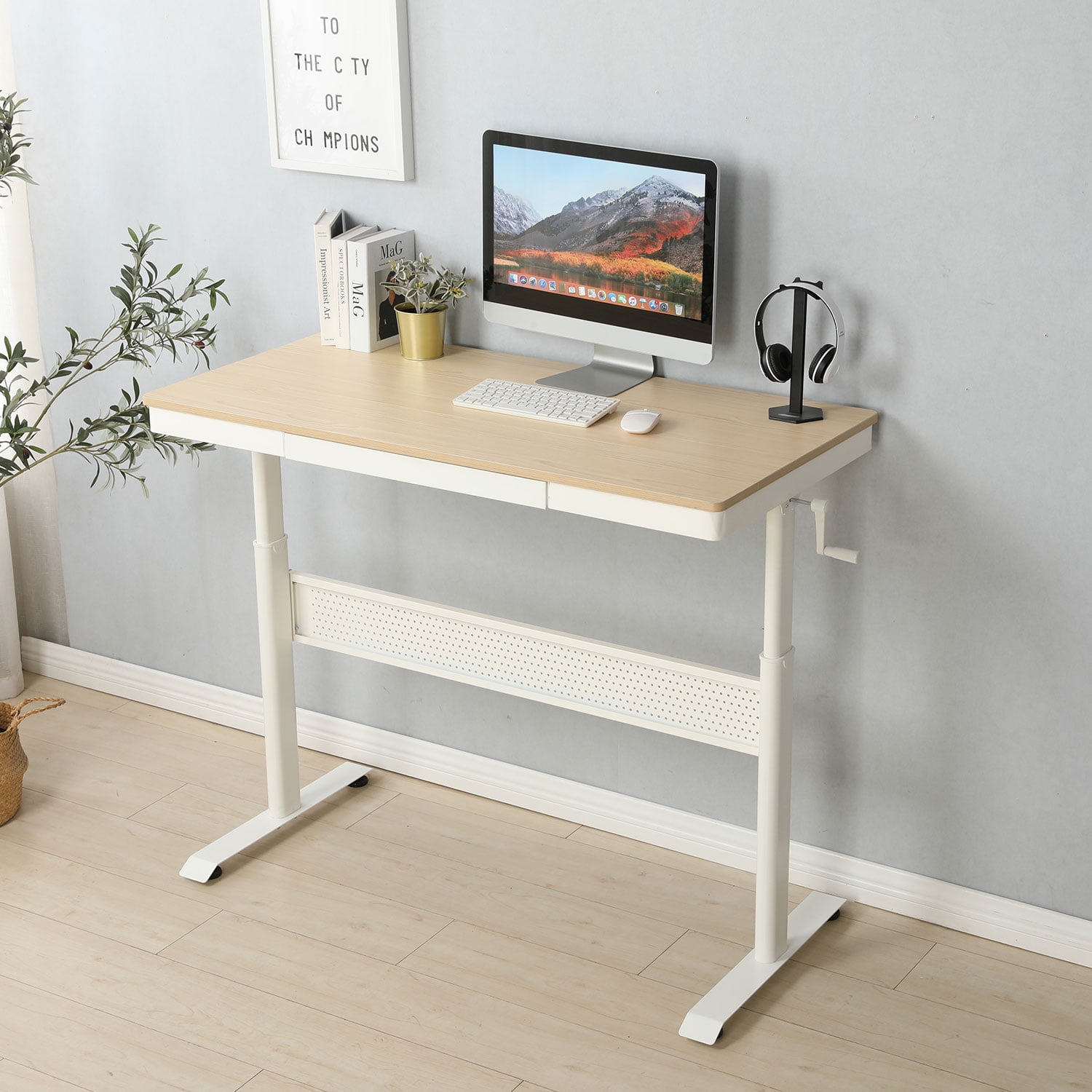 Royard Oaktree Manual Standing Desk with Maple Wood Desktop and Pull ...