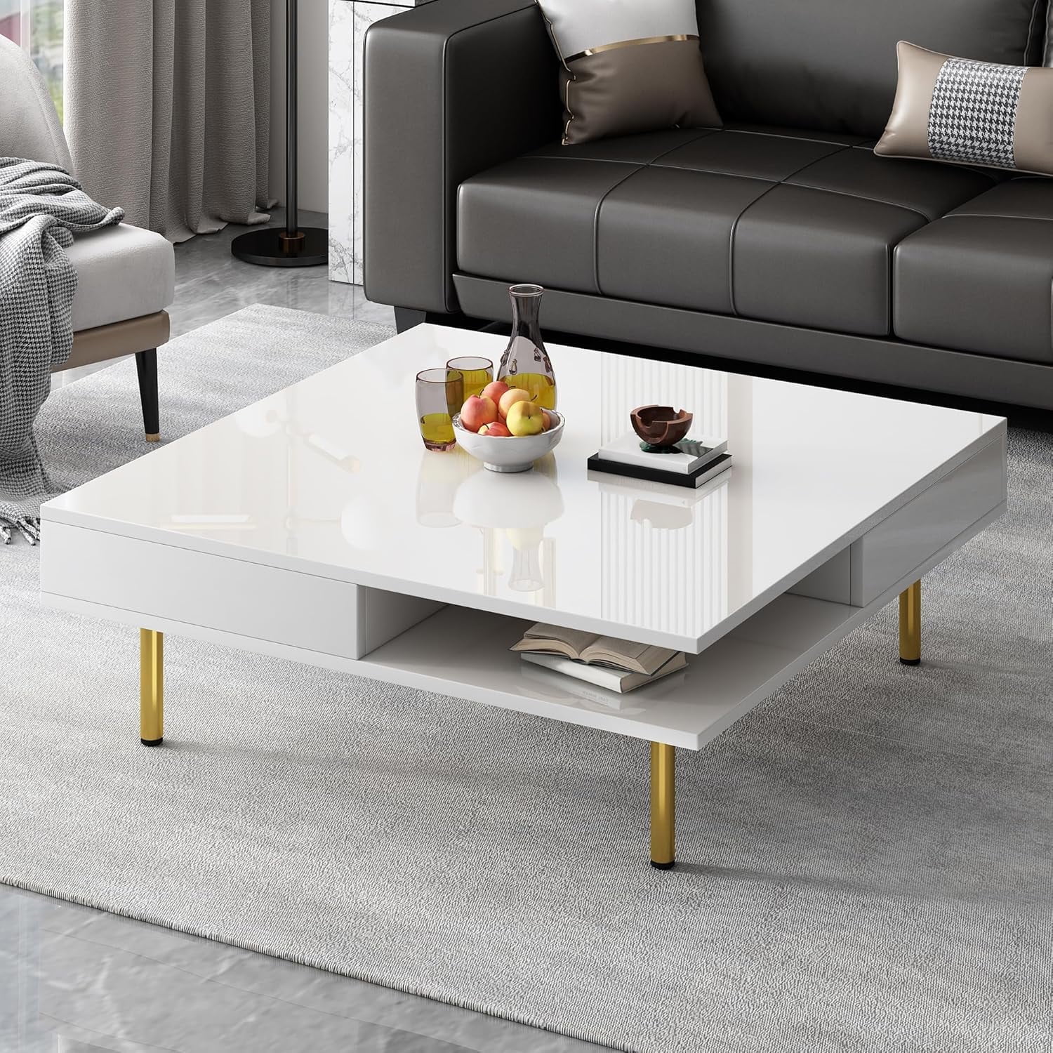 Royard Oaktree Minimalist Square Coffee Table, High Gloss Center Table w/Drawers & Shelves ...