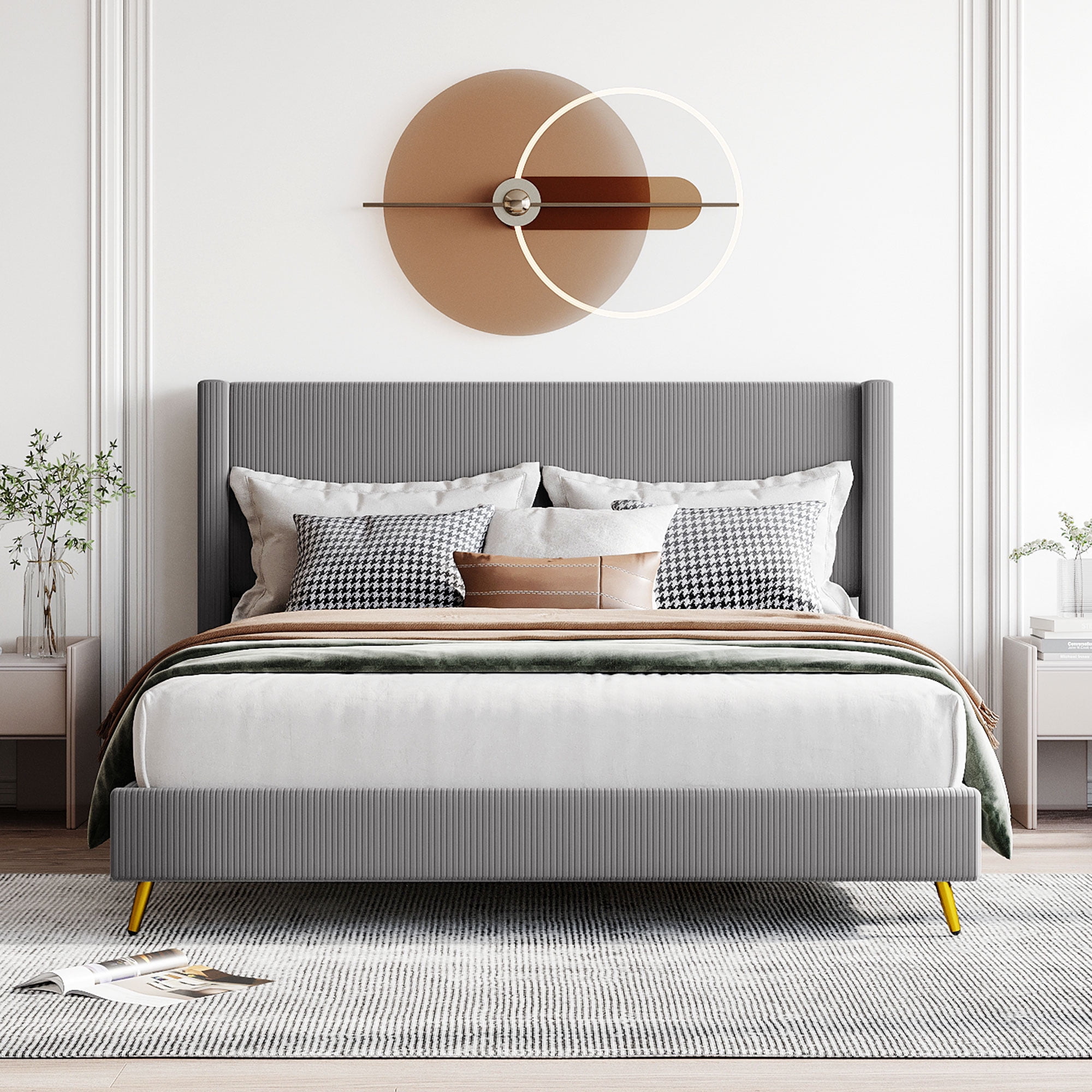 Royard Oaktree Queen Size Upholstered Platform Bed, Corduroy Bed Frame ...