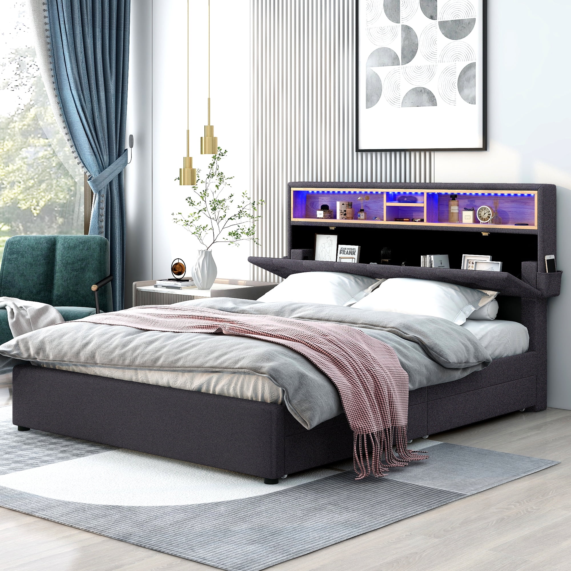 Royard Oaktree Queen Size Upholstered Platform Bed with Storage ...
