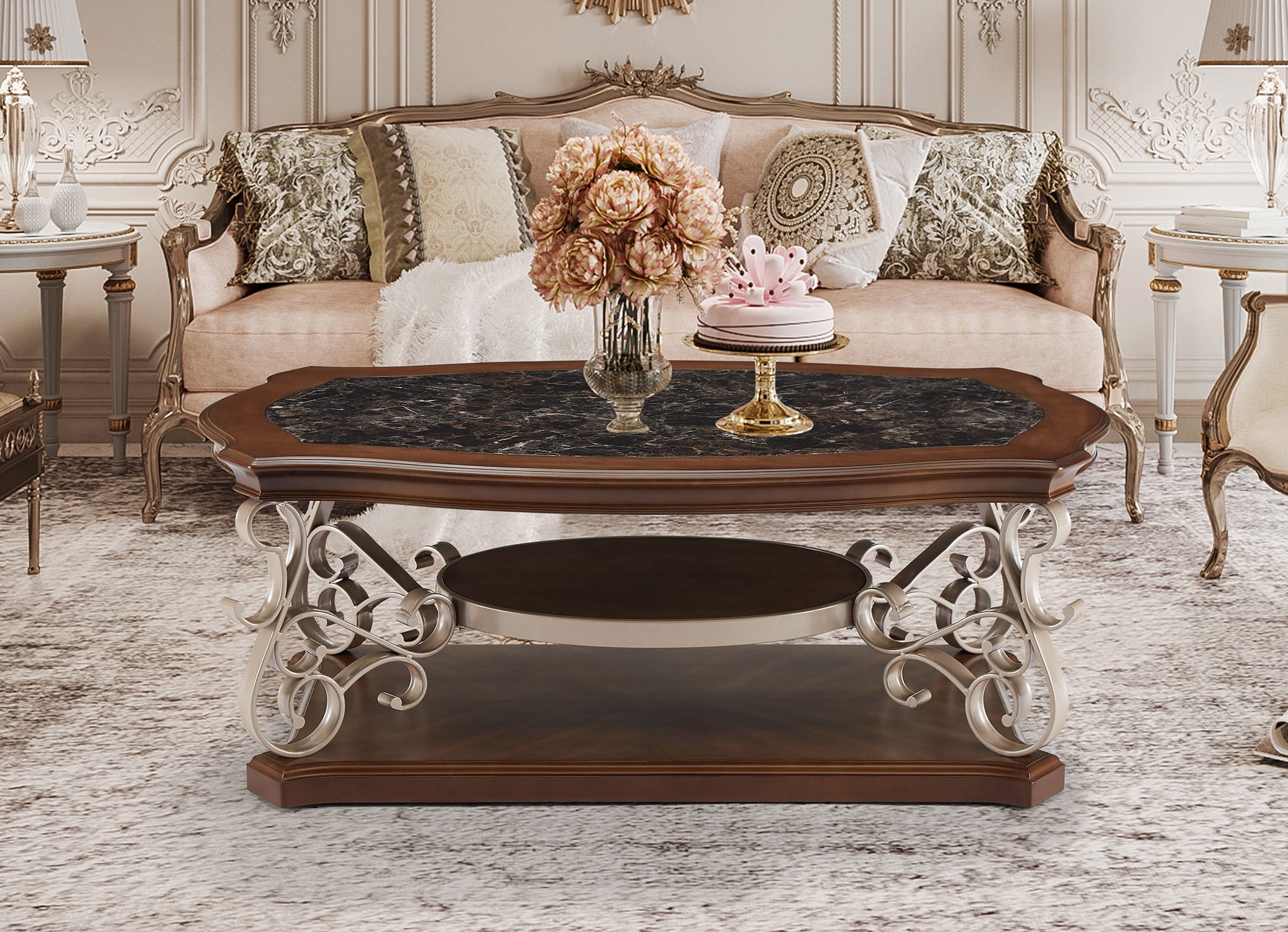 Royard Oaktree Retro Mid-Century Coffee Table with Faux Marble Top and ...