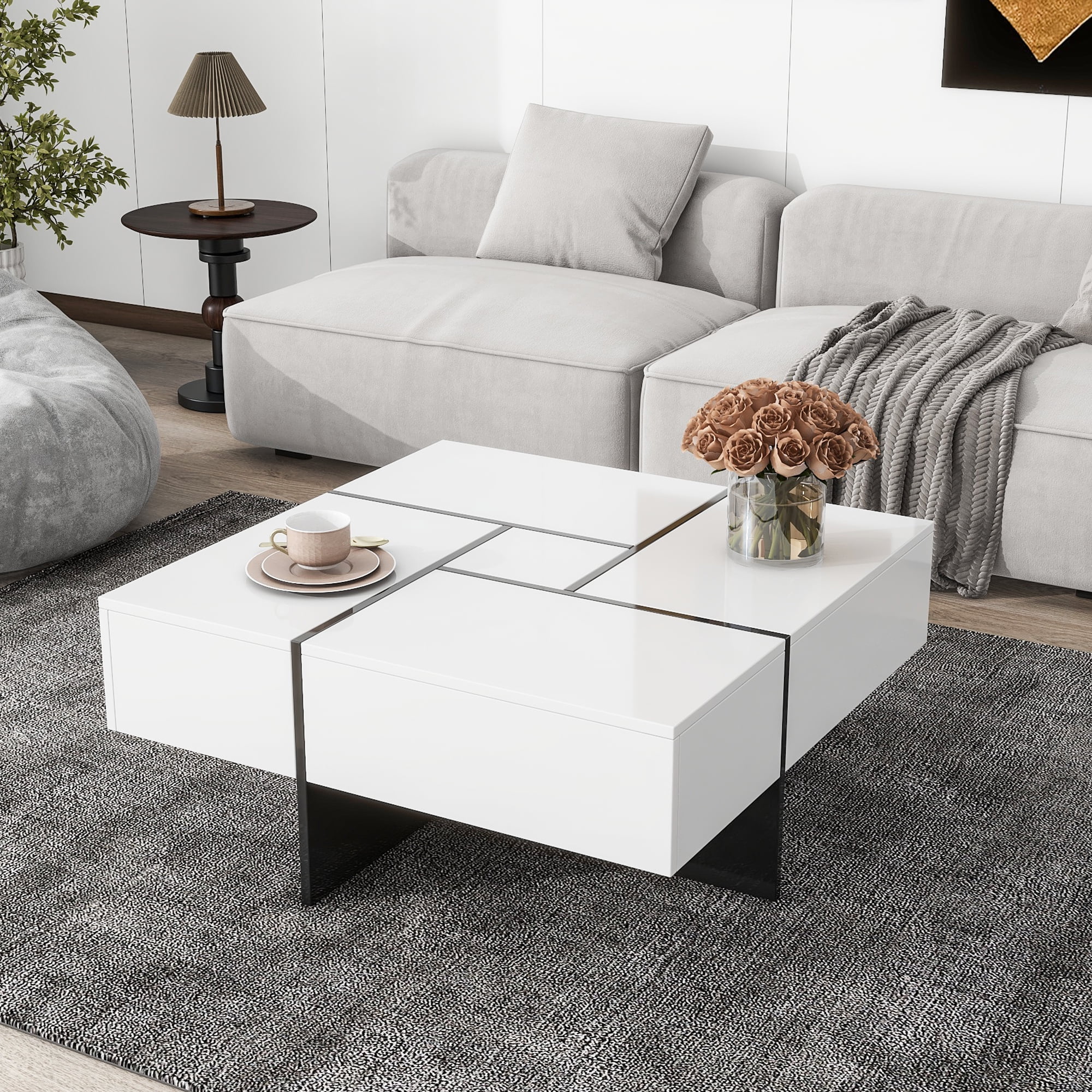 Royard Oaktree Square Coffee Table with 4 Hidden Storage Compartments ...