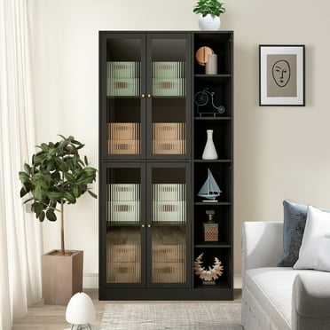 4 Doors Glass Display Cabinet with 4 Adjustable Shelves, 59 ...