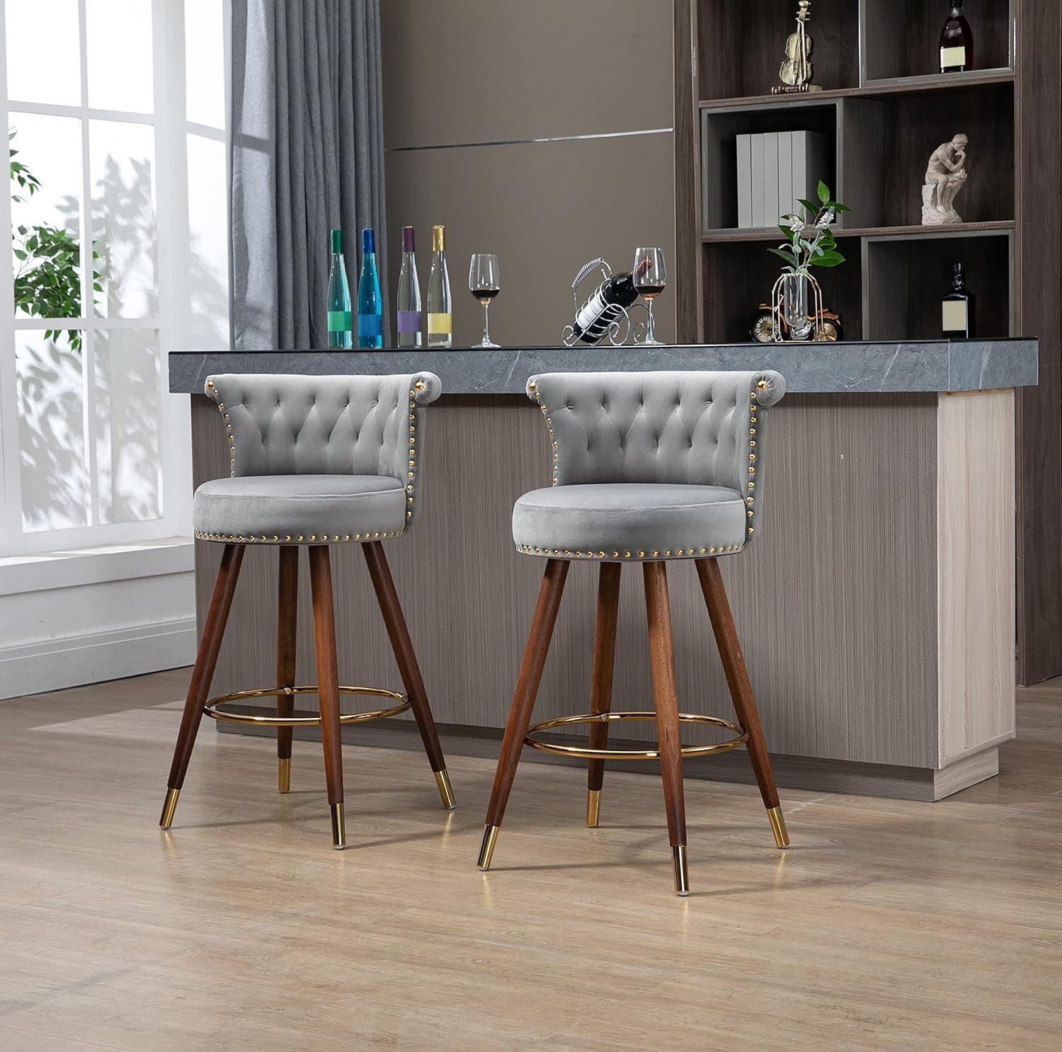 Royard Oaktree Swivel Bar Stools Set of 2, Velvet Counter Height Bar ...