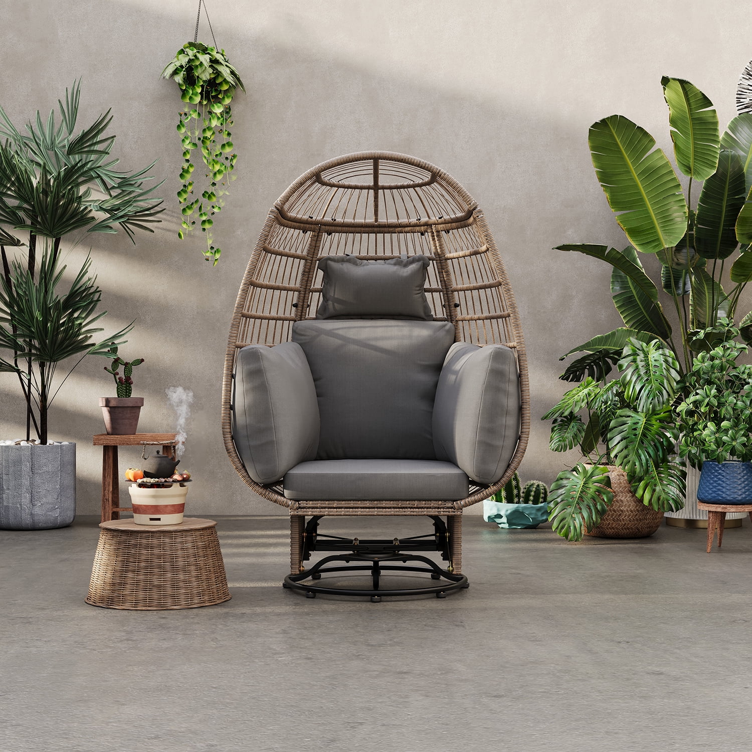 Royard Oaktree Swivel Egg Chair, Patio Rattan Rocking Chair with ...