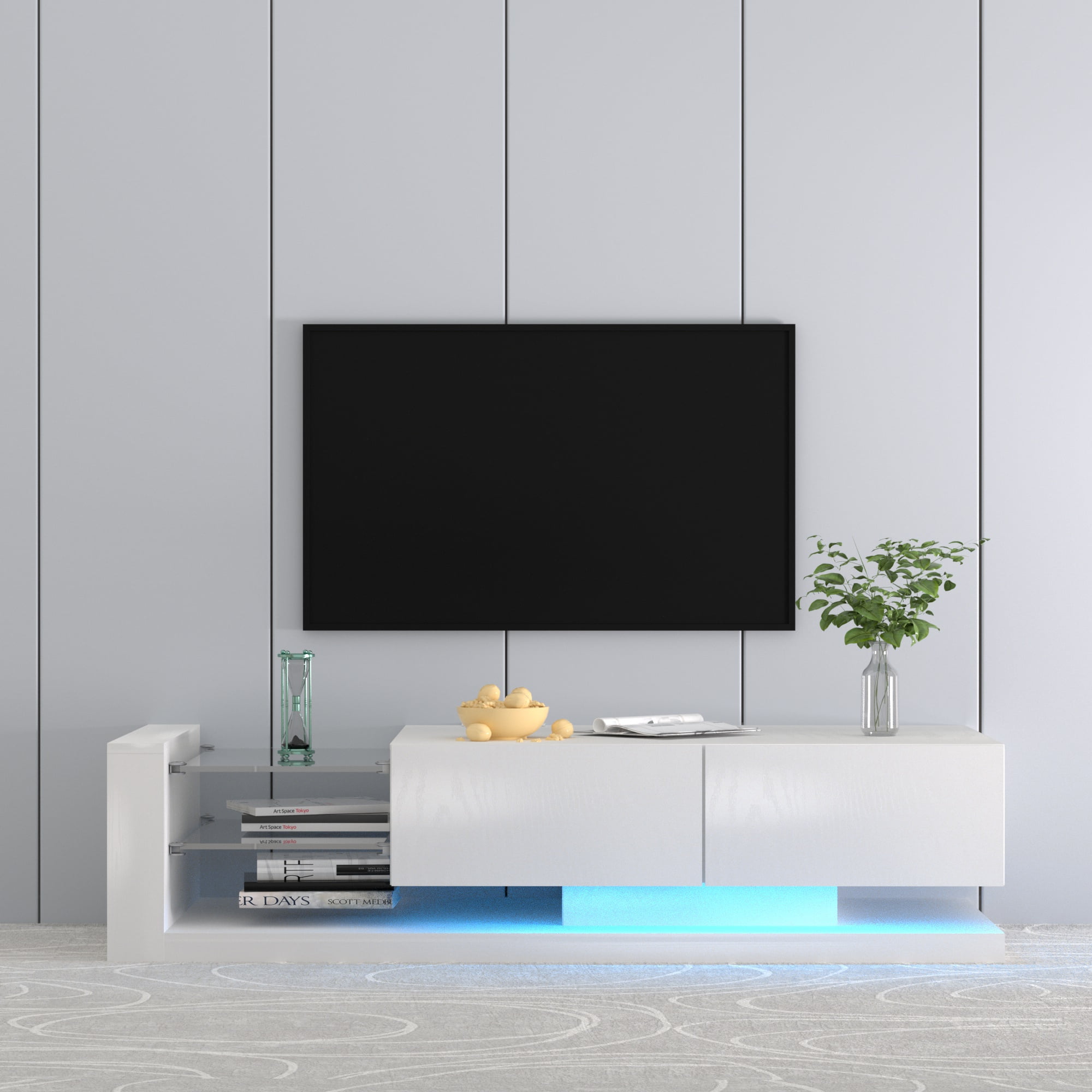Royard Oaktree High Gloss TV Stand w/LED Lights, Charge Station, and ...