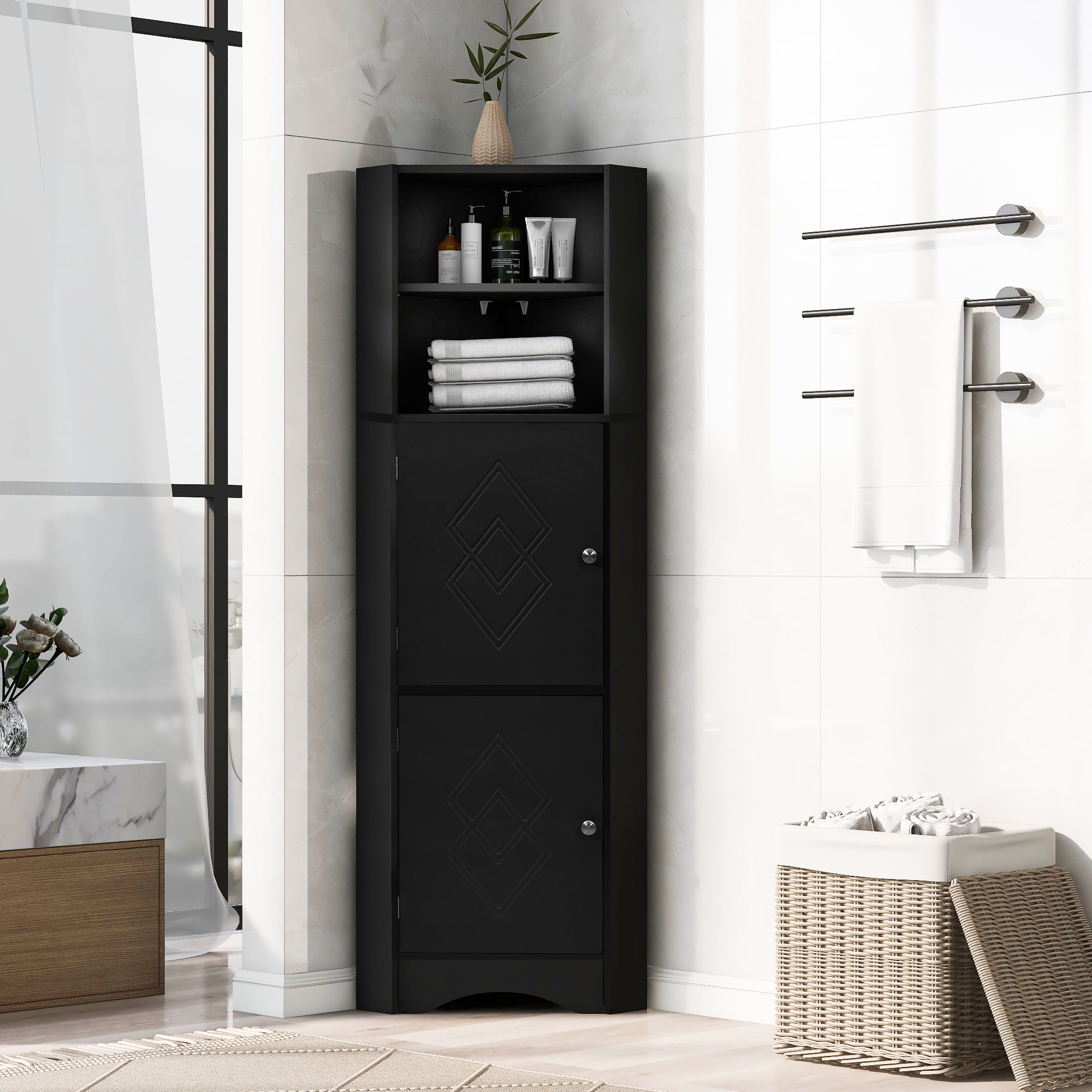 Royard Oaktree Tall Corner Cabinet Freestanding Bathroom Cabinet with 2 ...