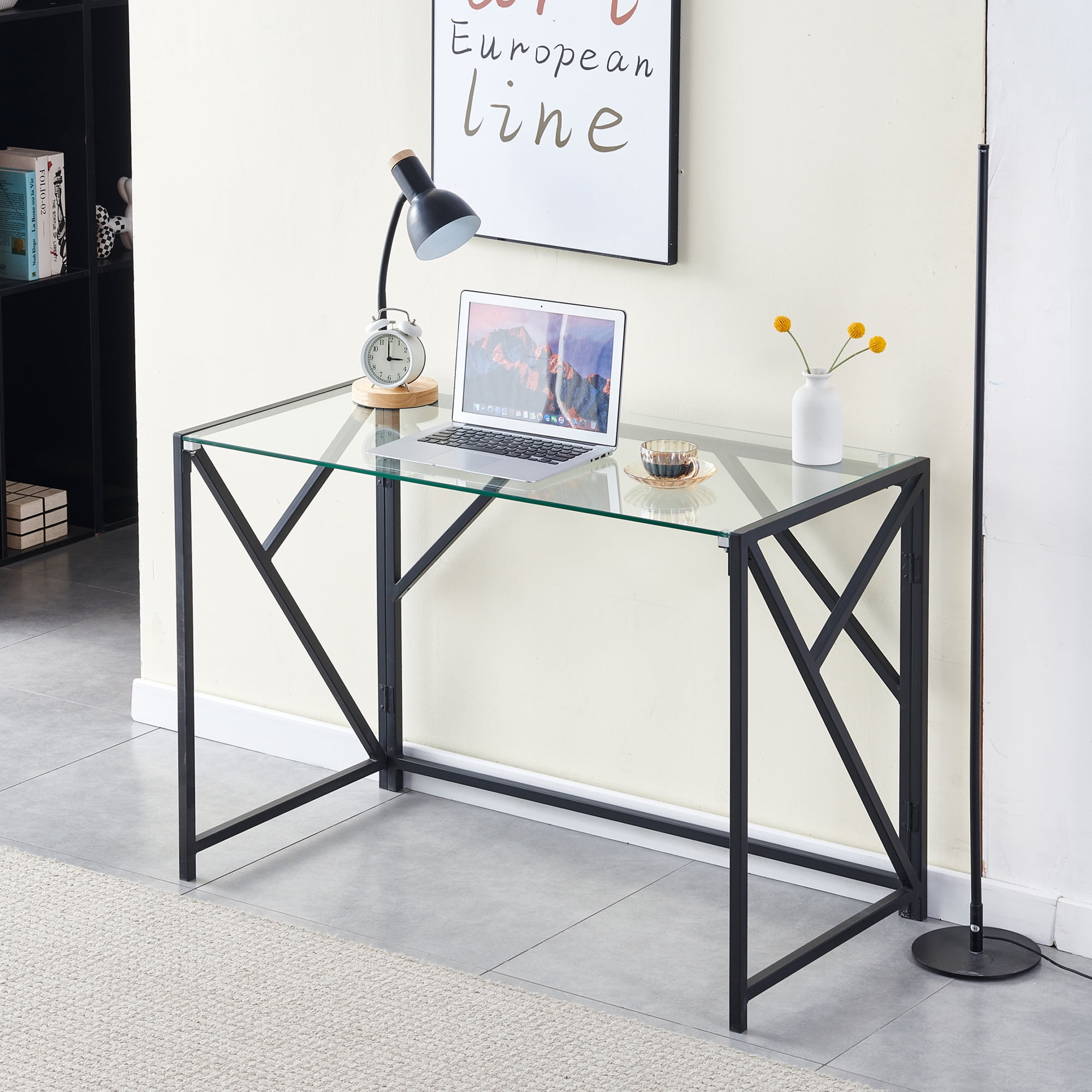 Royard Oaktree Tempered Glass Computer Desk, Modern Simple Home Office ...