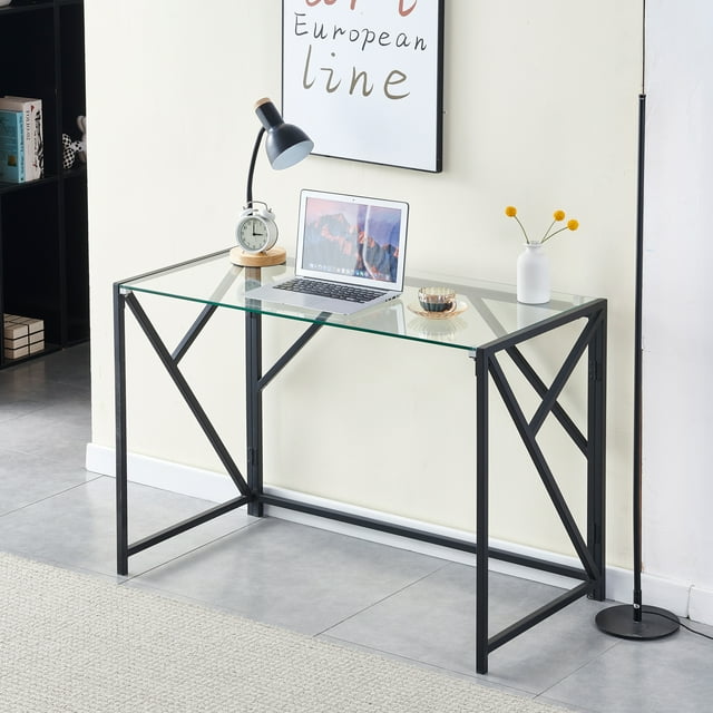 Royard Oaktree Tempered Glass Computer Desk, Modern Simple Home Office ...