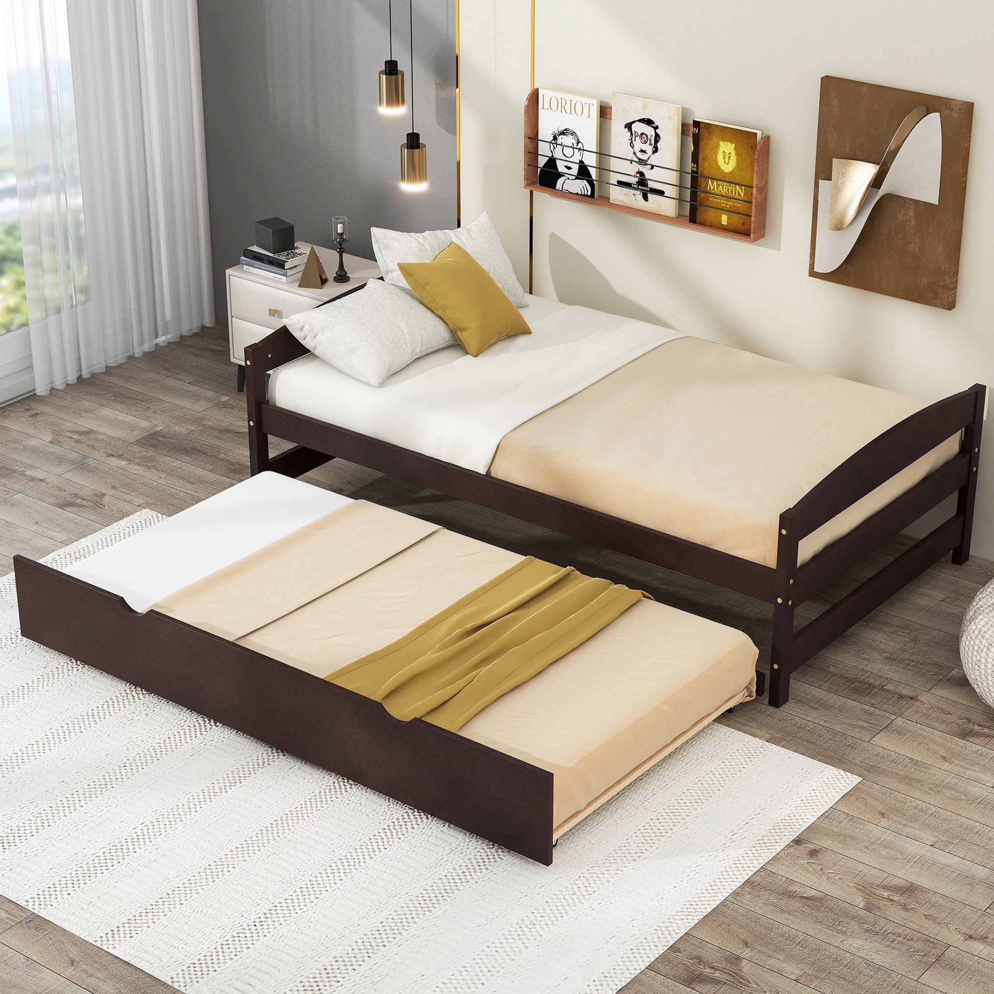 Royard Oaktree Twin Size Platform Bed with Twin Size Trundle, Wood ...