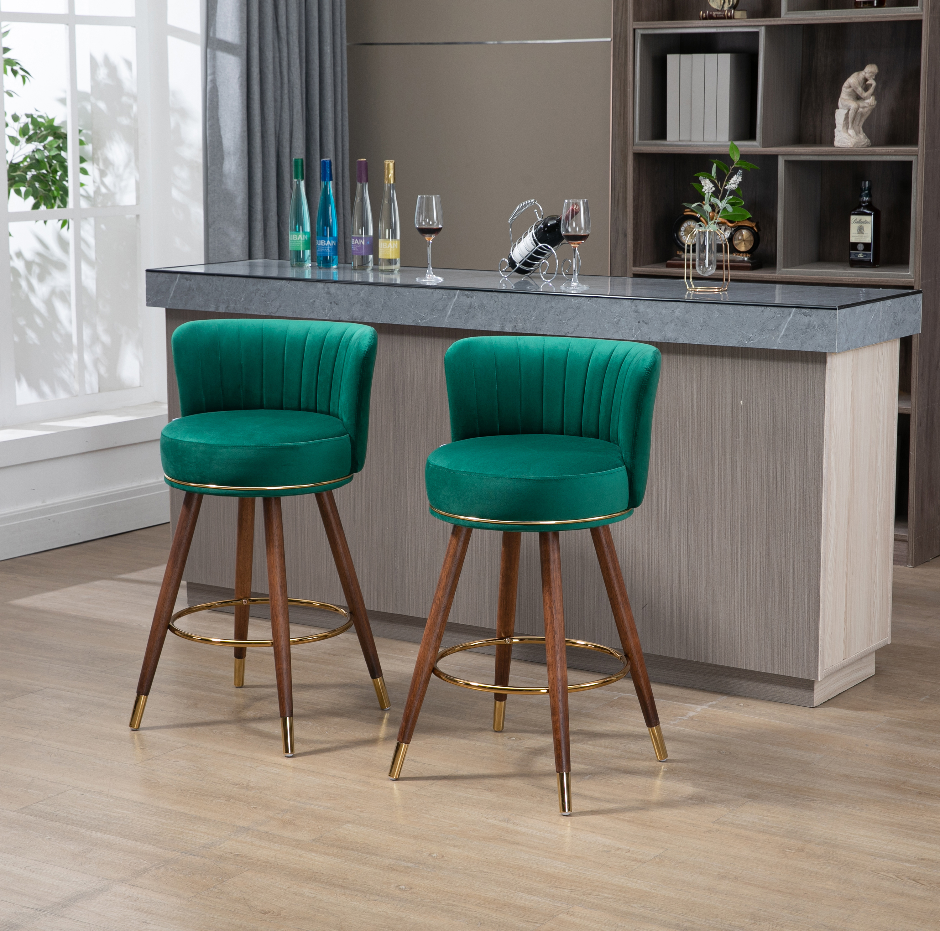 Royard Oaktree Velvet Bar Stools Set of 2, 360° Swivel Counter Height ...