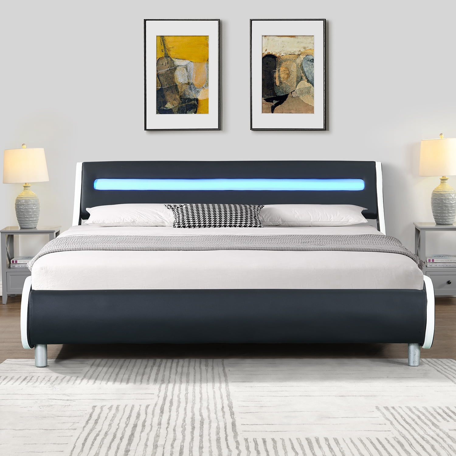 Royard Oaktree Wave-Like Curve Design Platform Bed Frame with LED ...