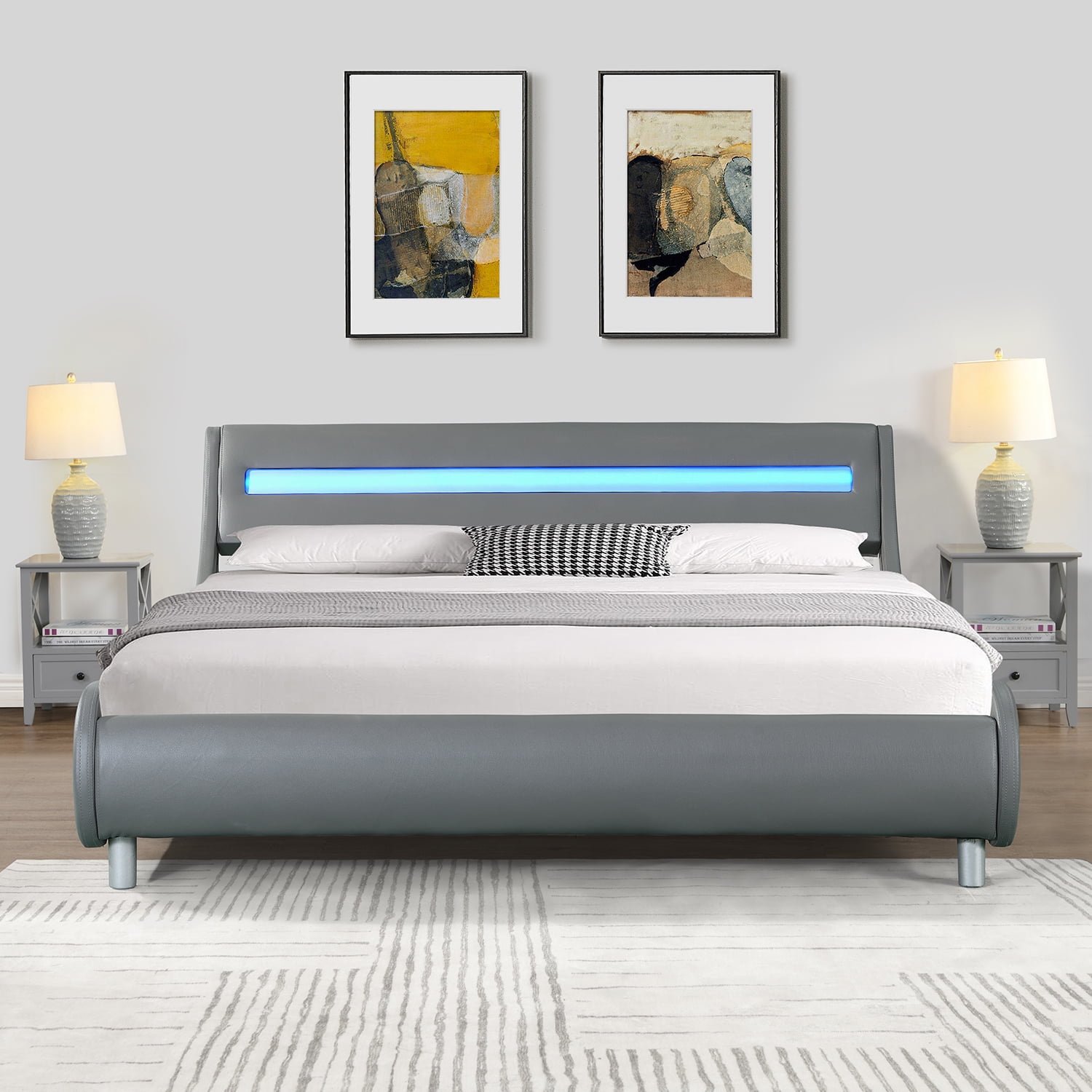 Royard Oaktree Wave-Like Curve Design Platform Bed Frame with LED ...