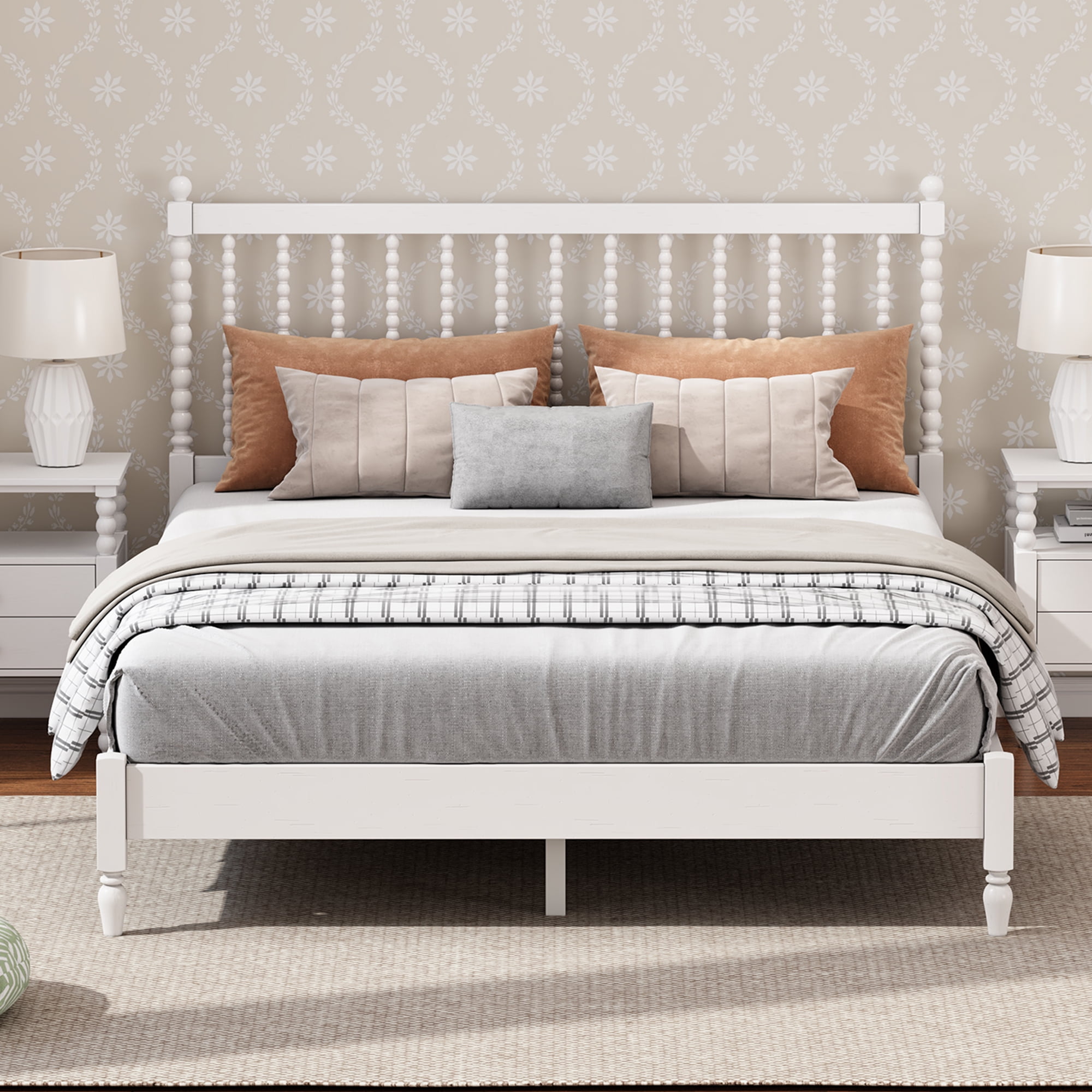 Royard Oaktree Wood Platform Bed with Victorian Style Gourd Shaped Art ...