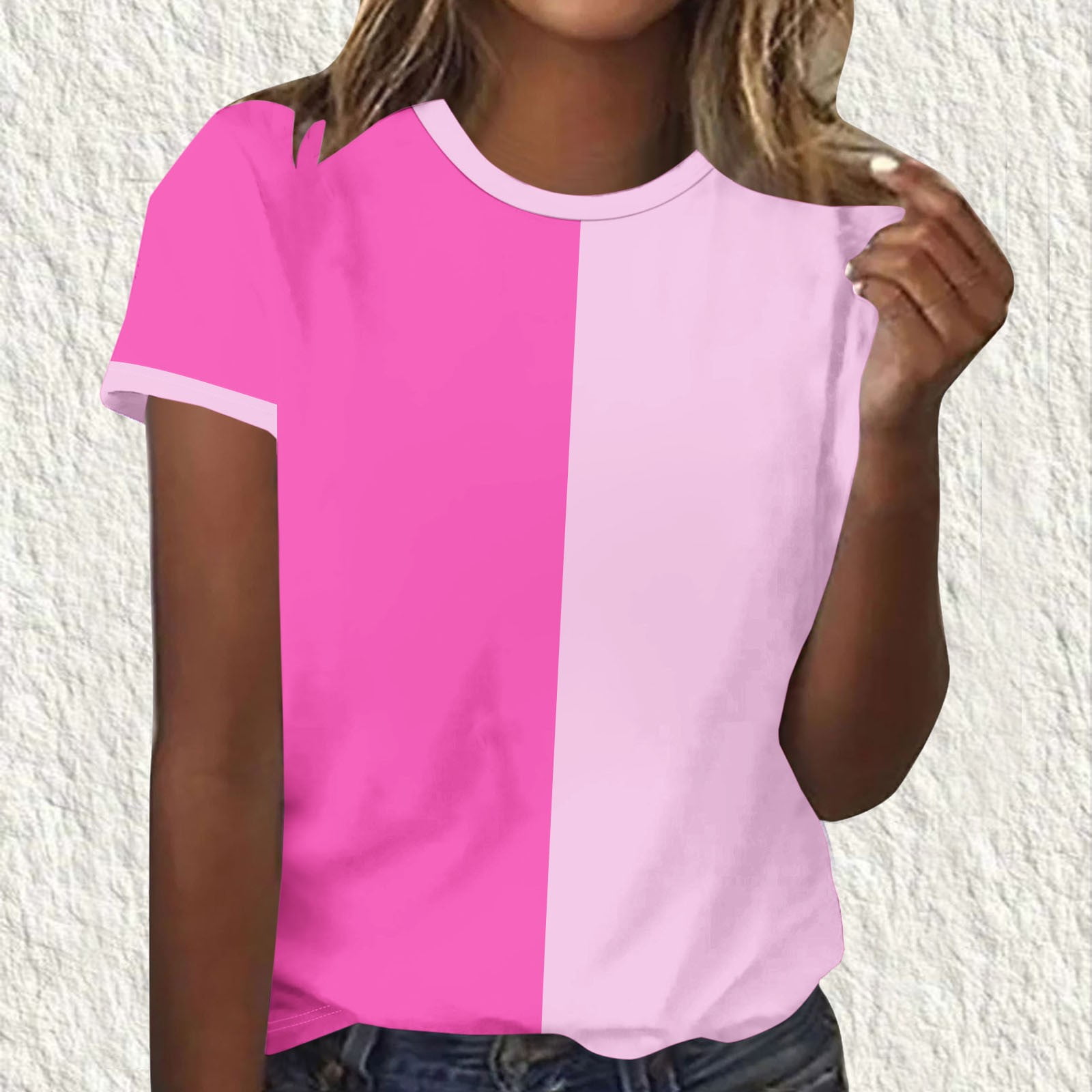 Goodtrade8 Casual Women's Tops Hot Pink Color Block Short Sleeve Crew ...