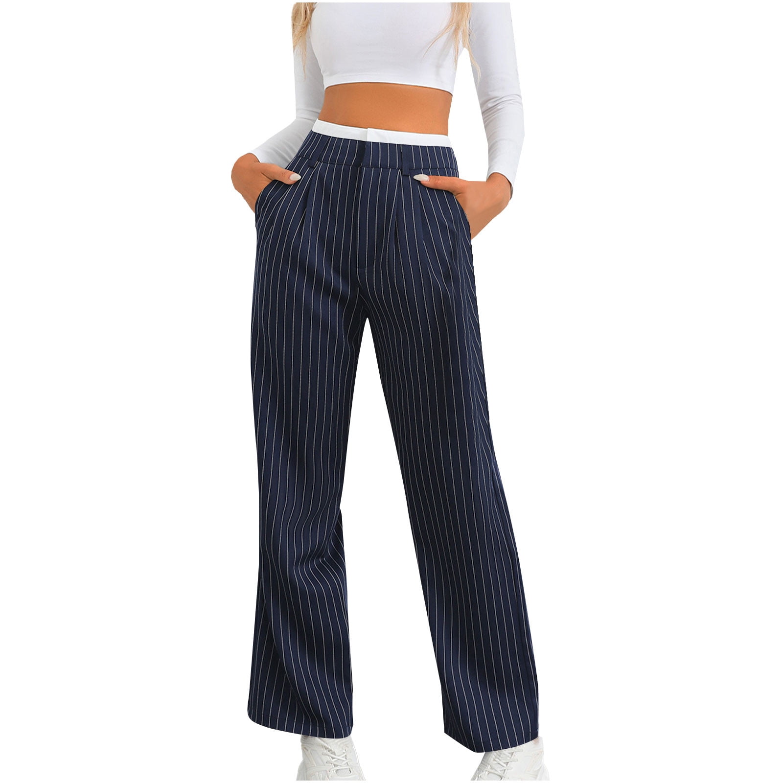 Royisotas Striped Plus Size Womens Pants Fall High Waist Trousers ...
