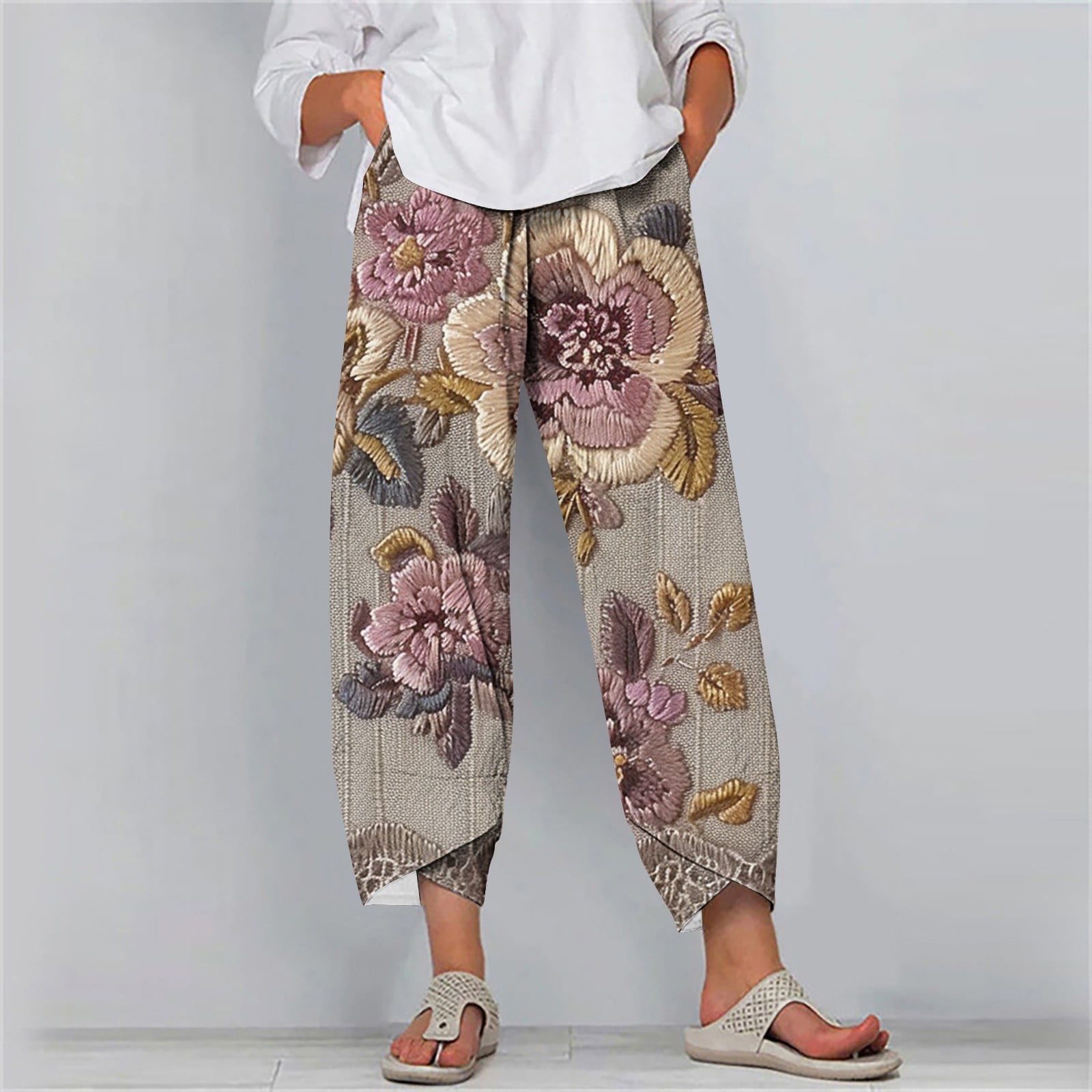Royisotas Summer Pants Women Wide Leg Casual Floral Graphic Cropped ...