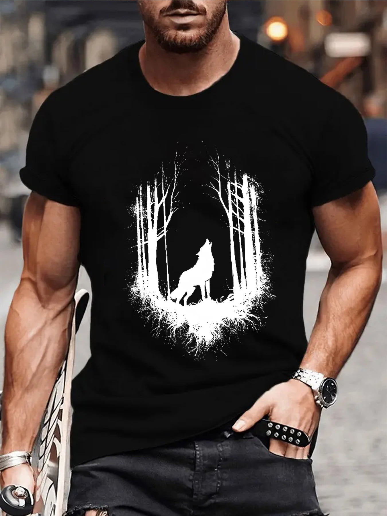 Royjerl Howling Wolf Print Unisex & Men's 180g Cotton T-Shirt | Classic ...