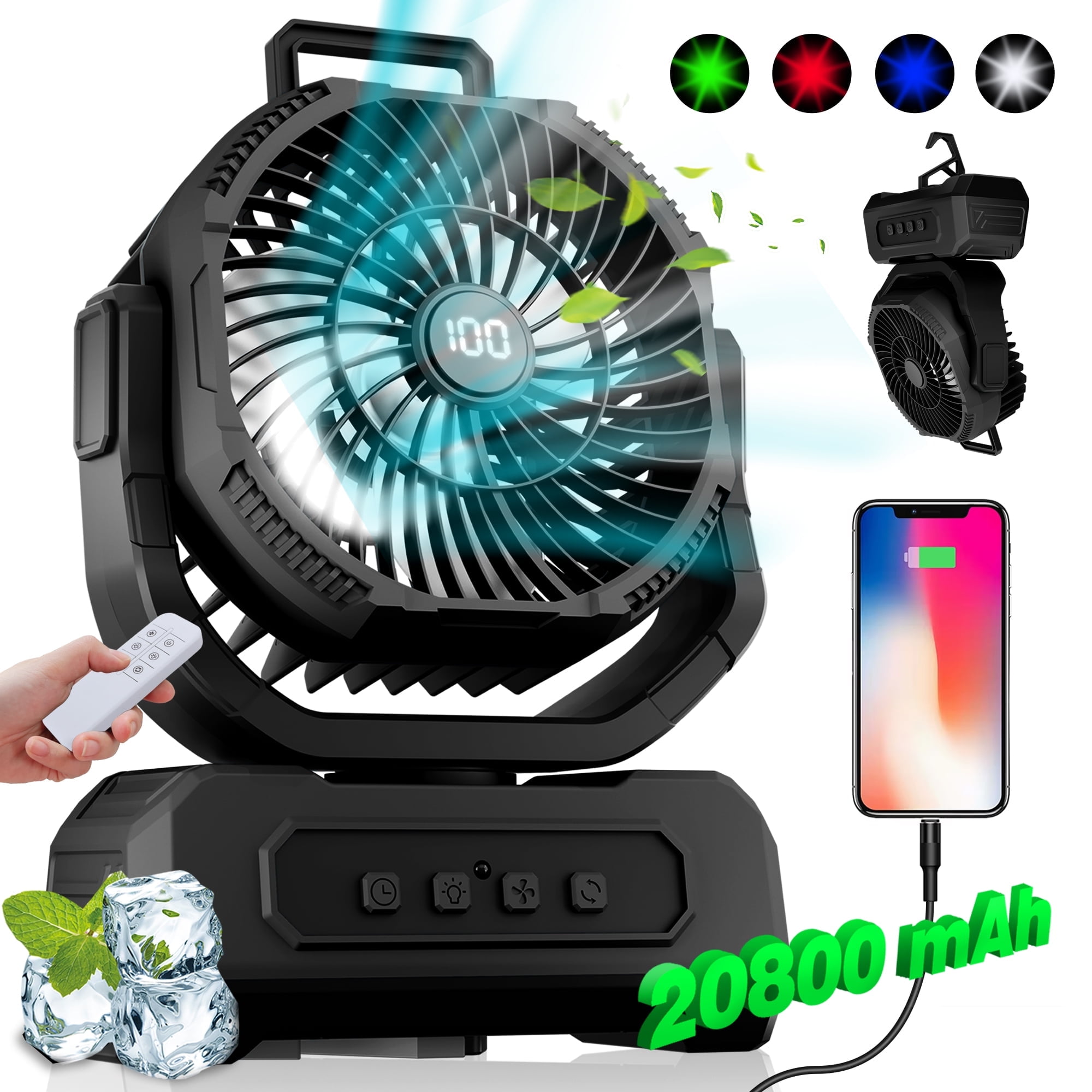 Roykaw 20800mAh Portable Camping Fan, Oscillating Fan, 60 Hrs+ Work ...