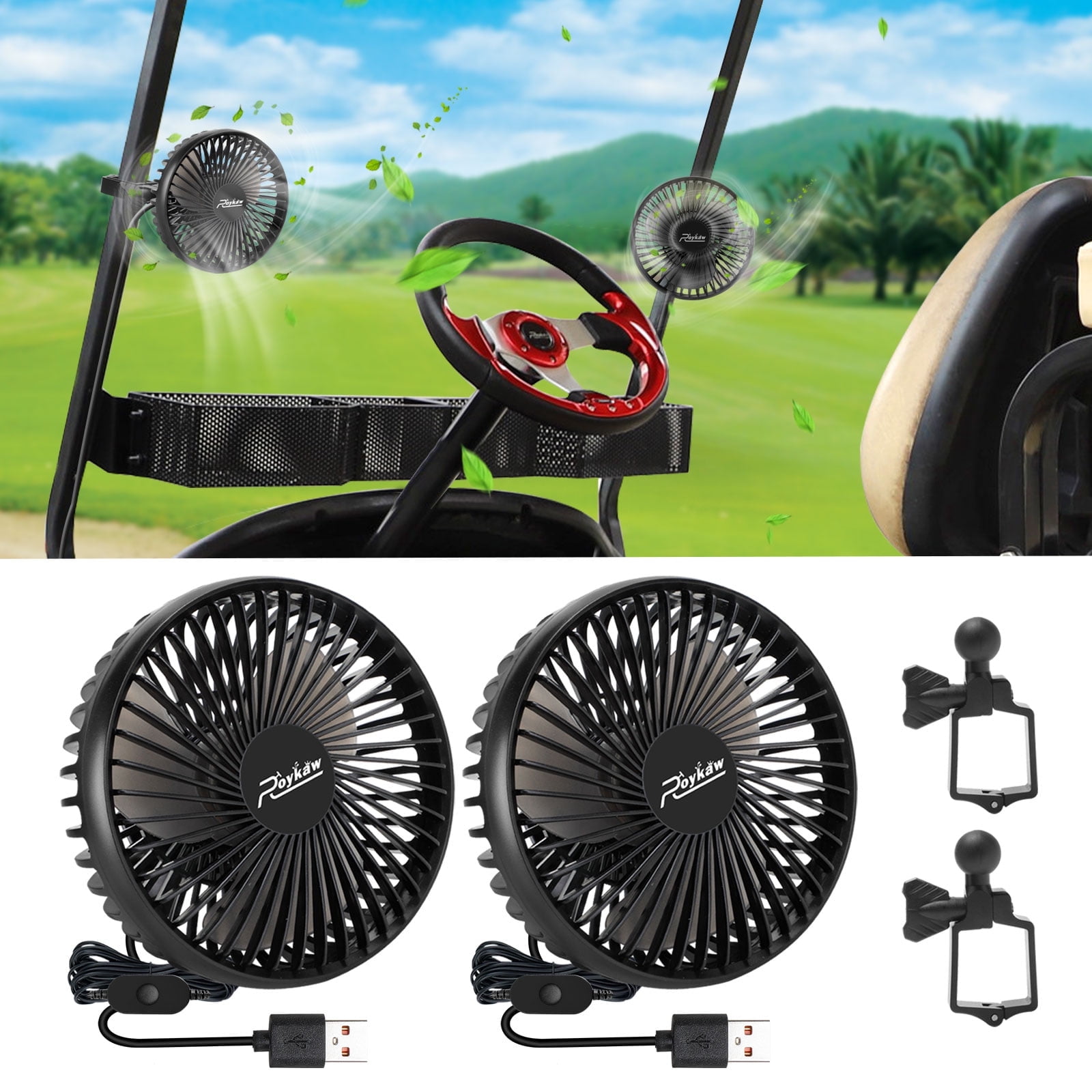 Roykaw Golf Cart Fan Portable USB Input for EZGO Club Car Yamaha, 3 ...