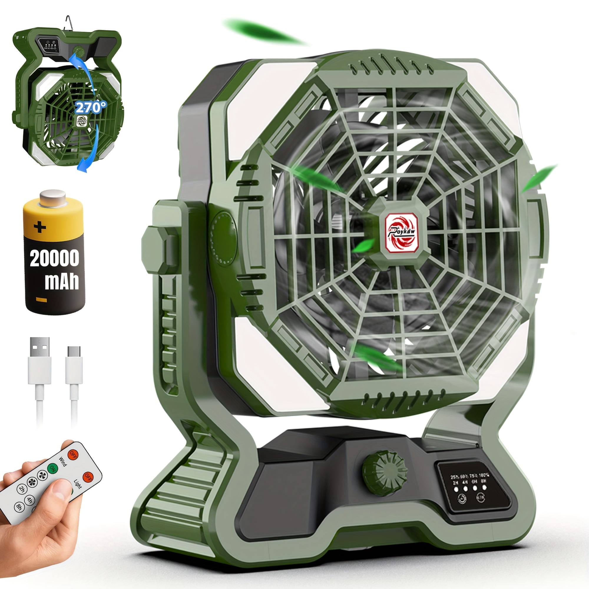 Roykaw Rechargeable Camping Fan w/LED, 20000 mAH Battery Fan, 36 Hrs ...