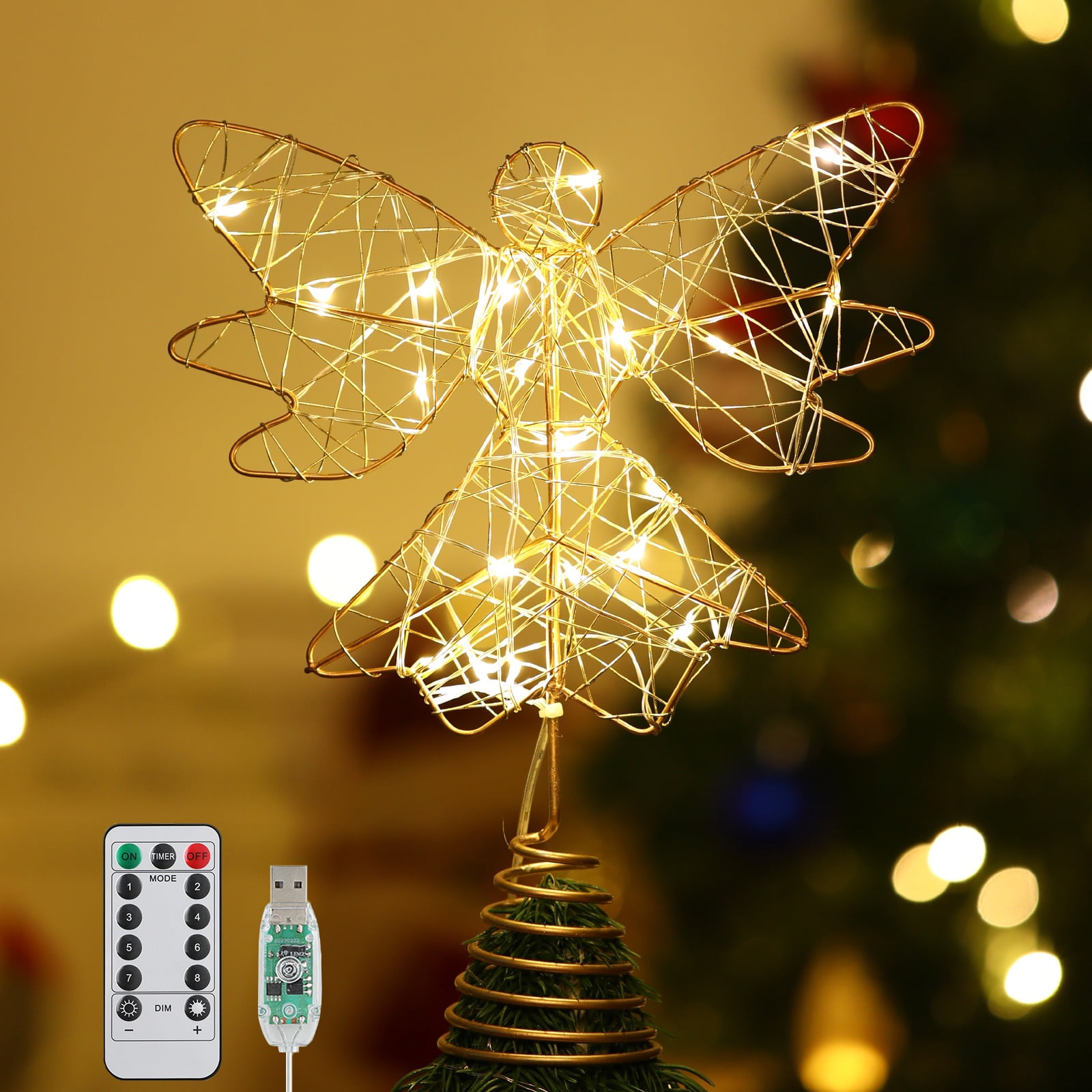 Roylvan Christmas Angel Tree Toppers with Remote, Timer, 8 Light Modes ...