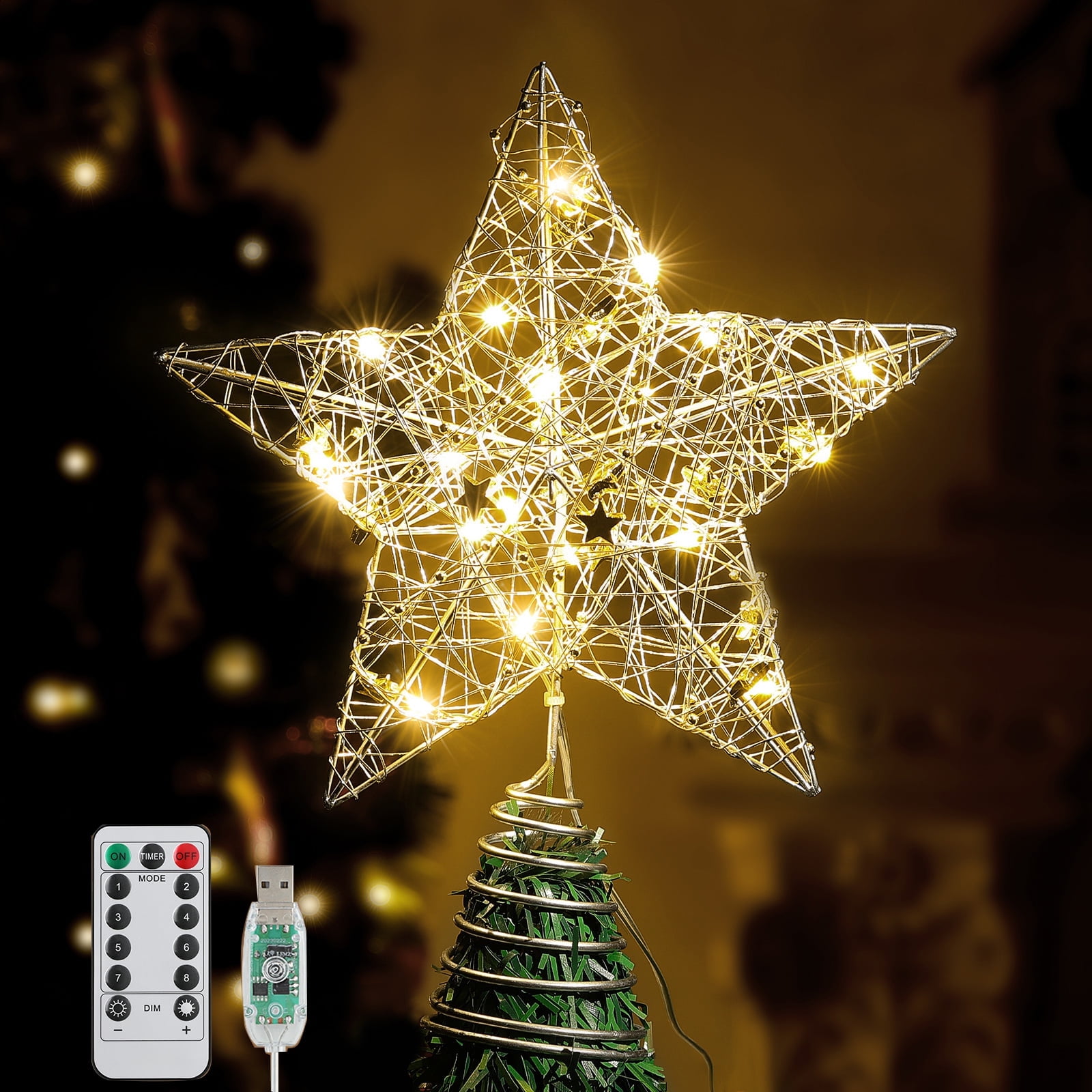 Roylvan Christmas Tree Topper Star with Remote, Silver, 8 Light Modes ...