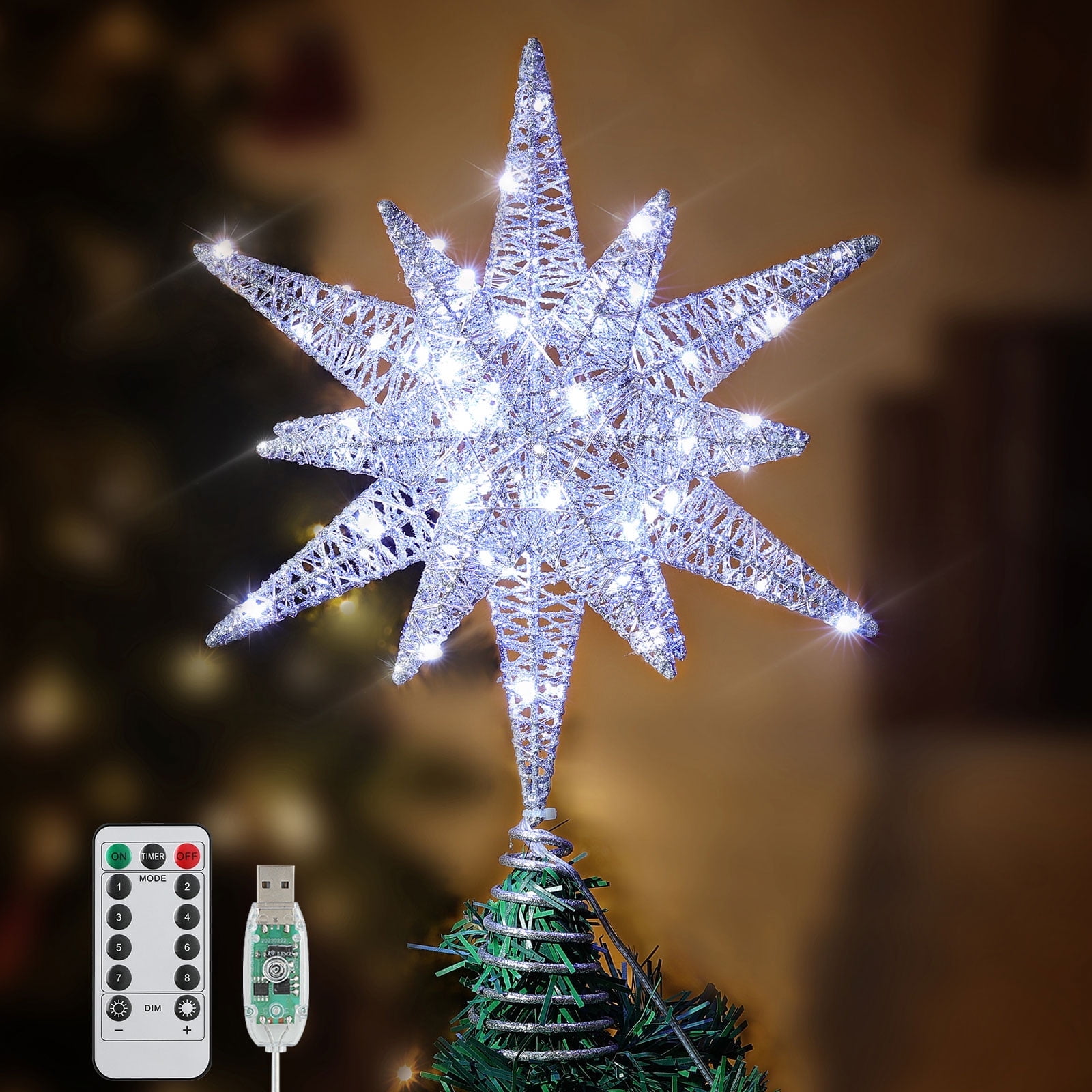 Roylvan USB Powered 60 LED Christmas Tree Topper Star with Remote ...