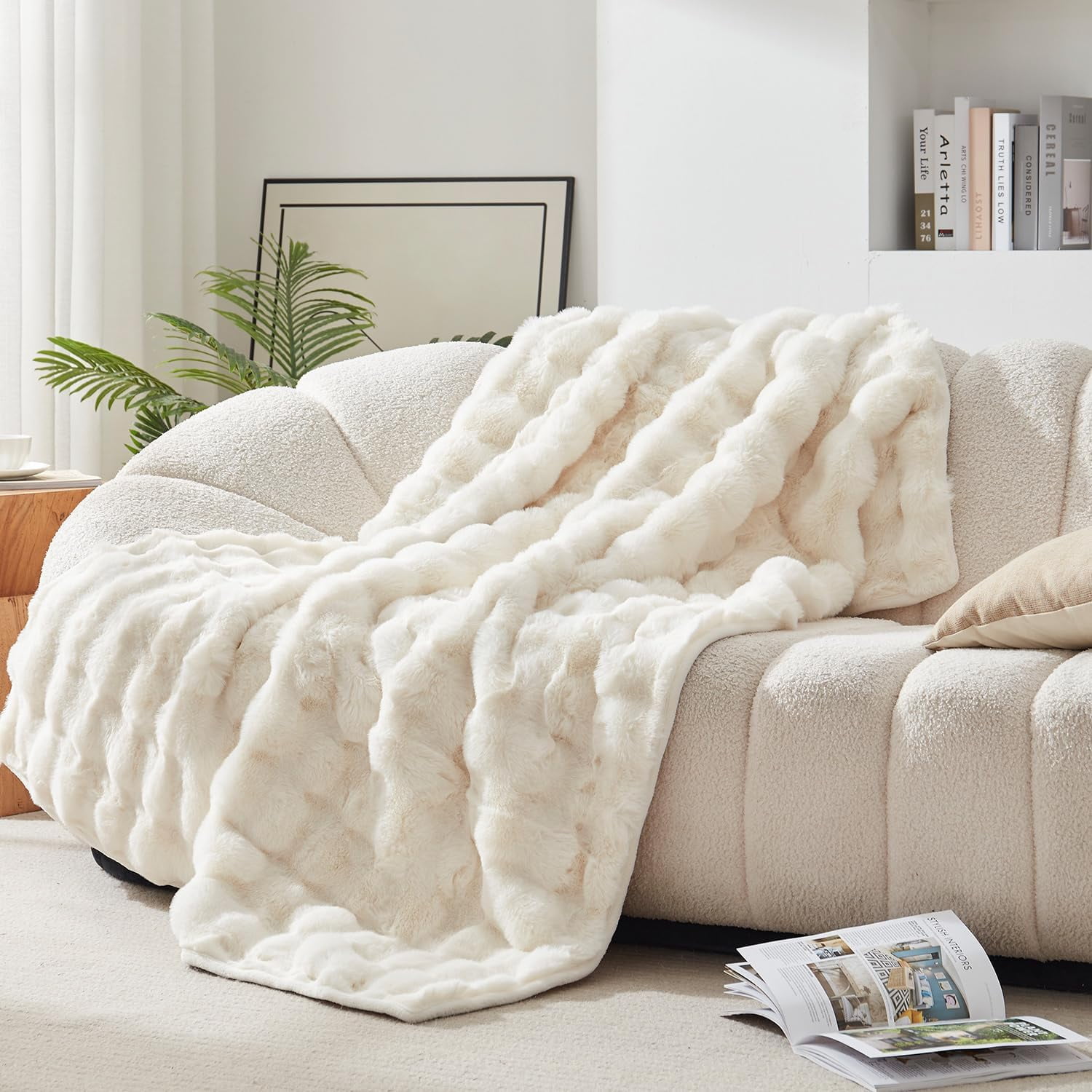 Royoliving Textured Grace Faux Fur Throw Blanket for Couch Sofa Bed, Ultra Soft Plush Minky ...