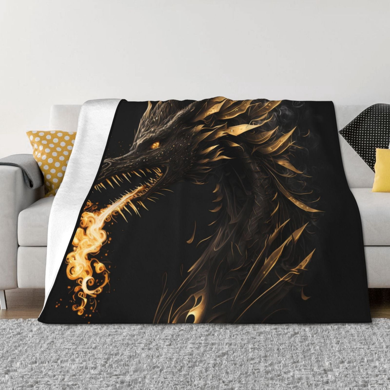 Rozeui Black And Gold Fire Dragon for Flannel Blanket, Soft Fuzzy Plush ...