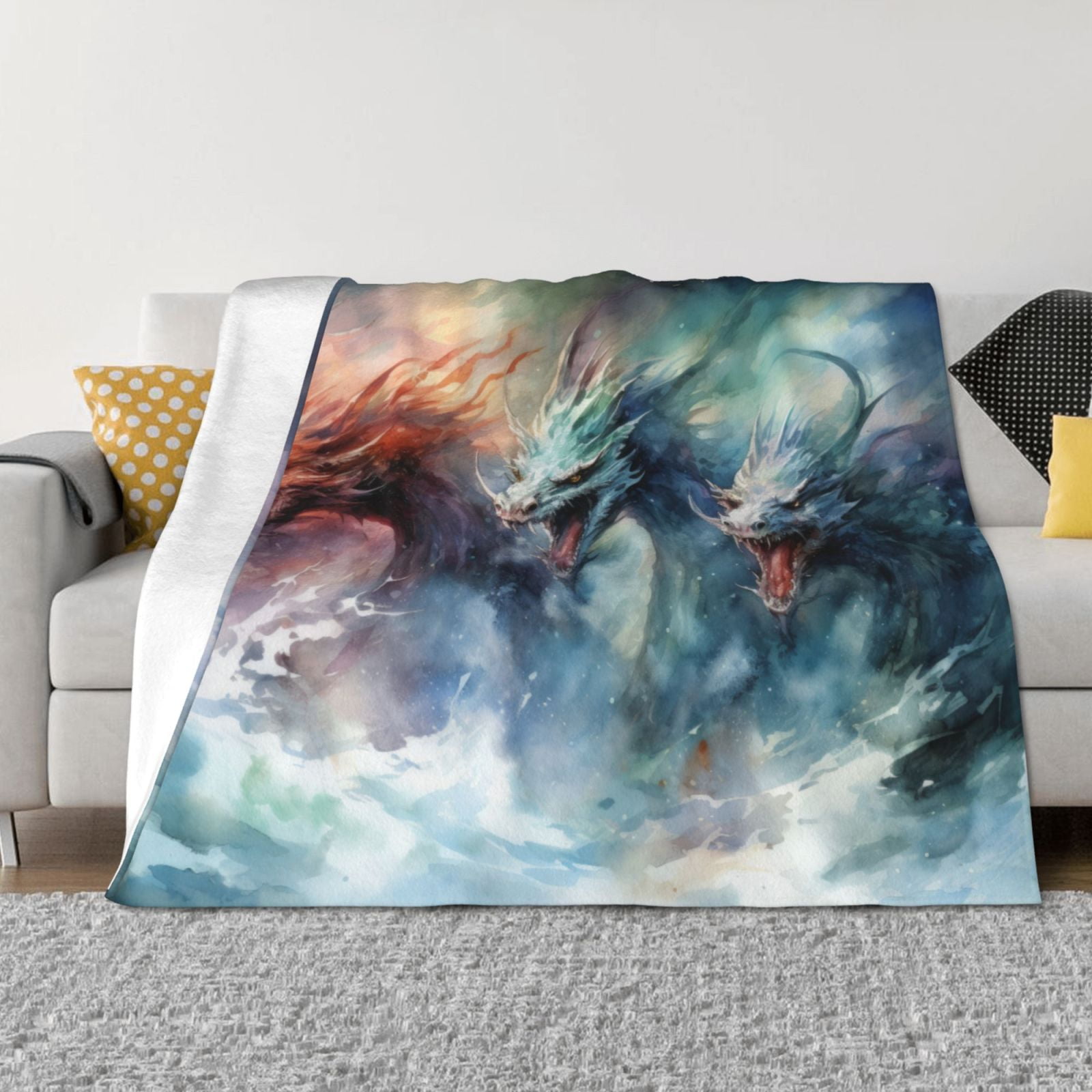 Rozeui Ink Style Wave Dragon for Flannel Blanket, Soft Fuzzy Plush King ...