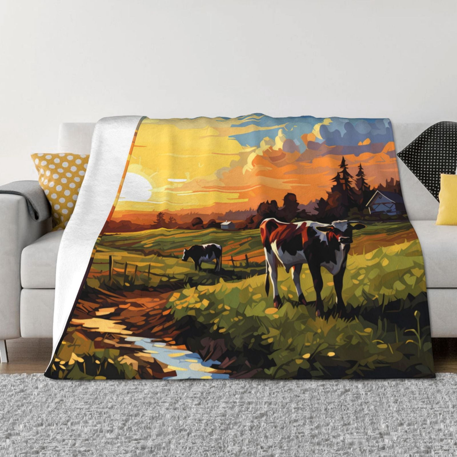 Rozeui Oil Painting Style Pasture Cow for Flannel Blanket, Soft Fuzzy ...