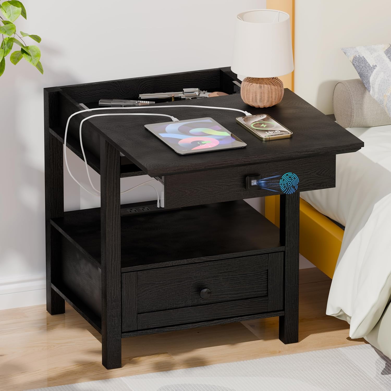 Rresyet End Table with Fingerprint Lock, Side Table with Extendable Top ...