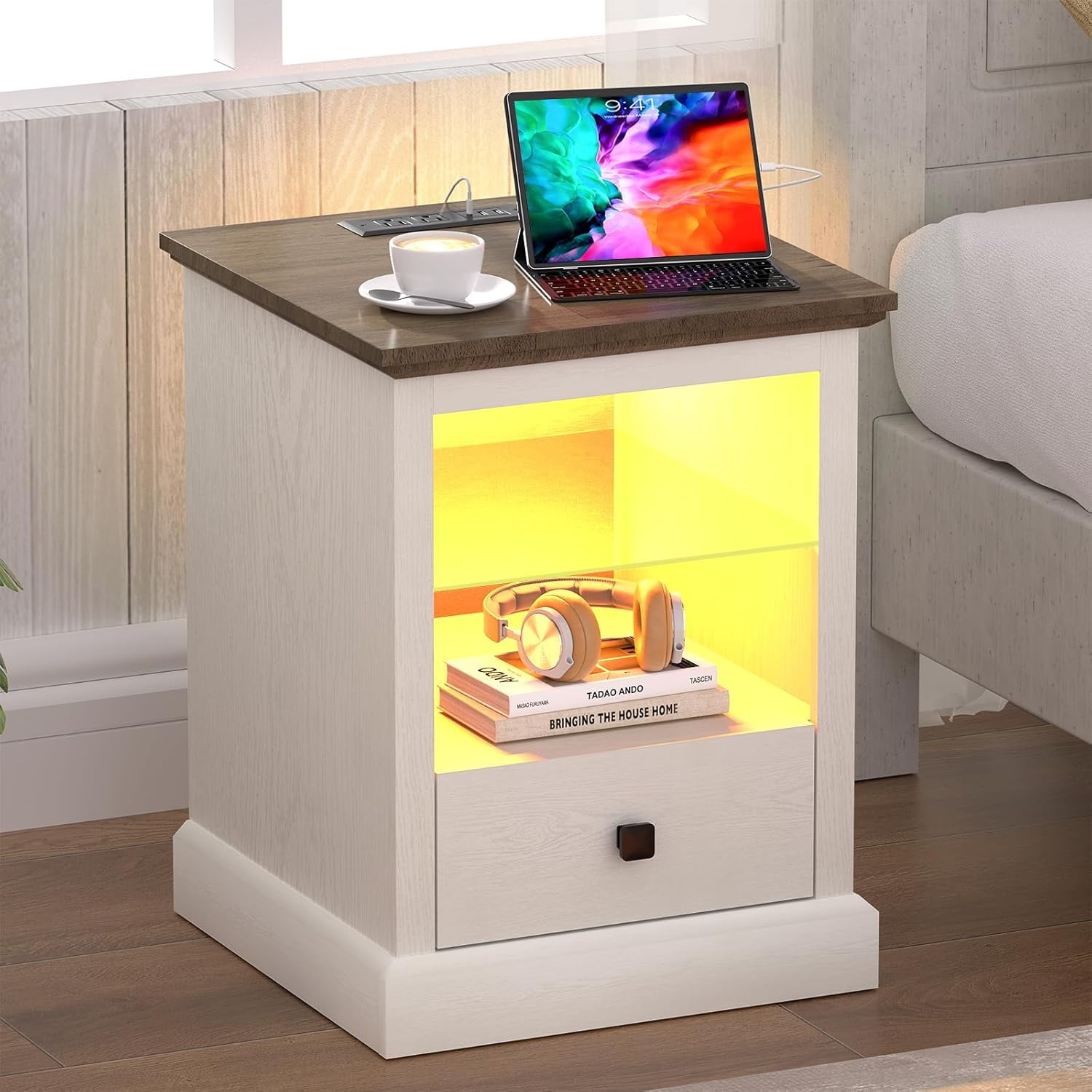 Rresyet LED End Table with Charging Station, White Nightstand with ...