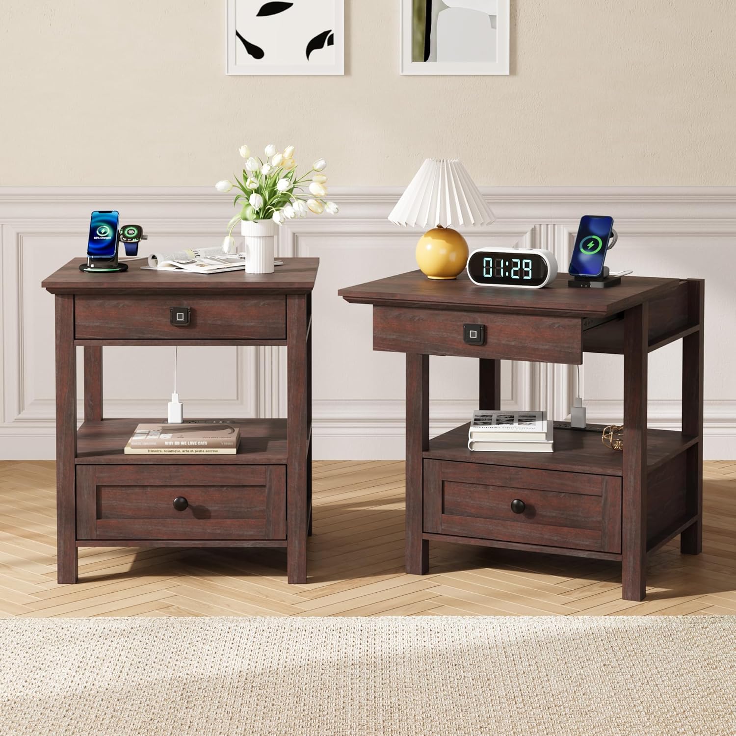 Rresyet Sliding Nightstand Set of 2 with Fingerprint Lock, Night Stand ...